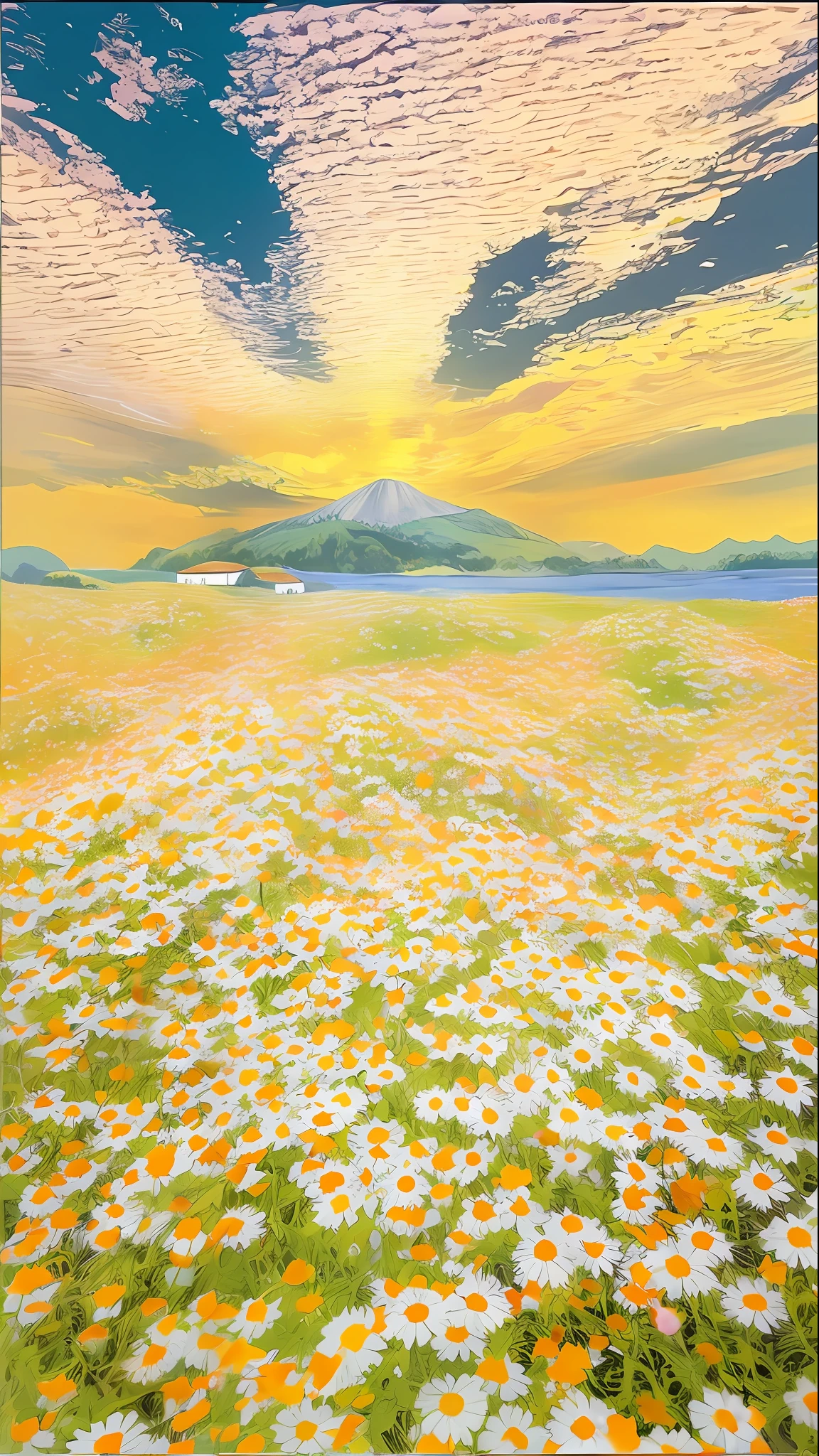 a large field of flowers with a mountain in the background, surreal ...