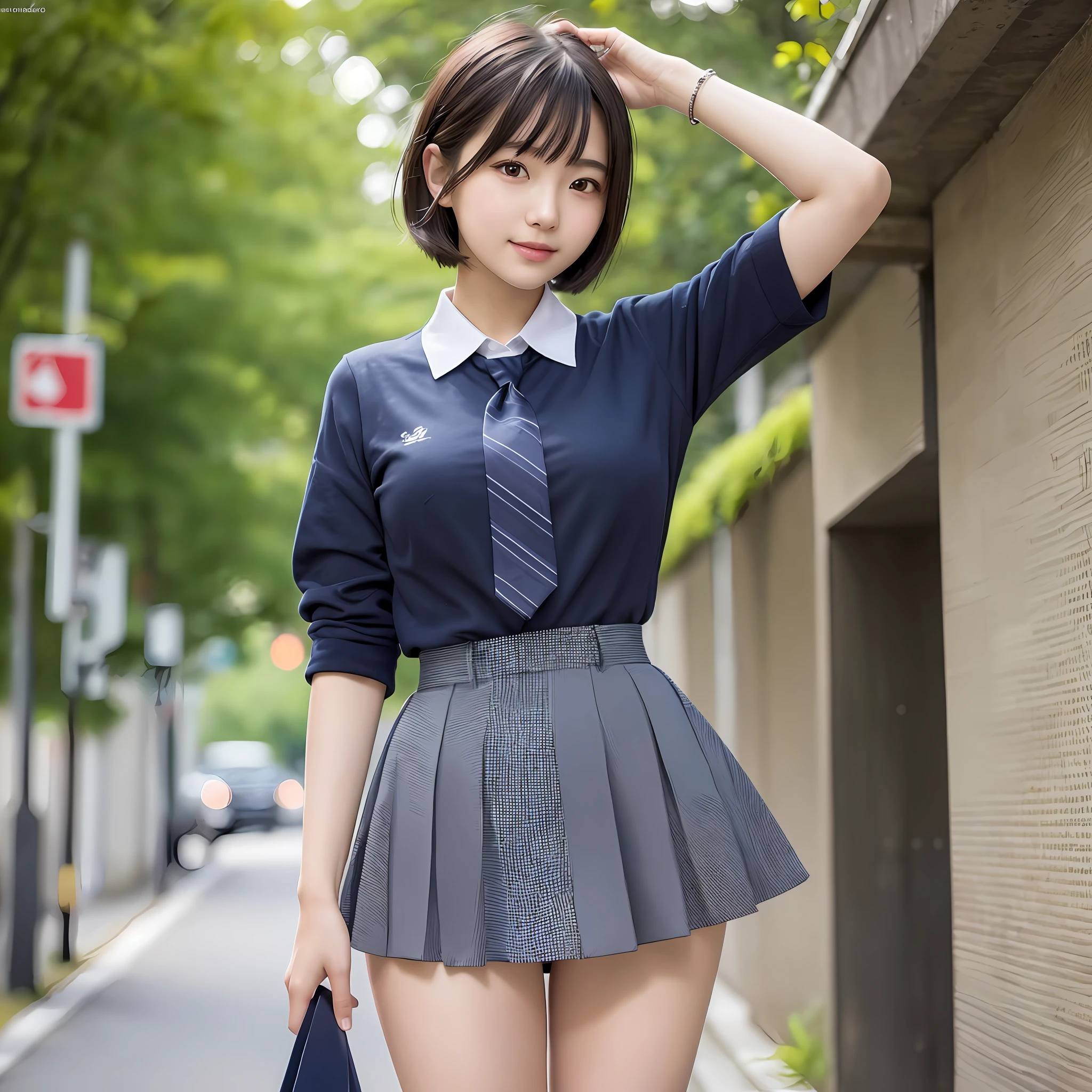 Arafed asian woman in a short skirt and shirt posing for a picture - SeaArt AI