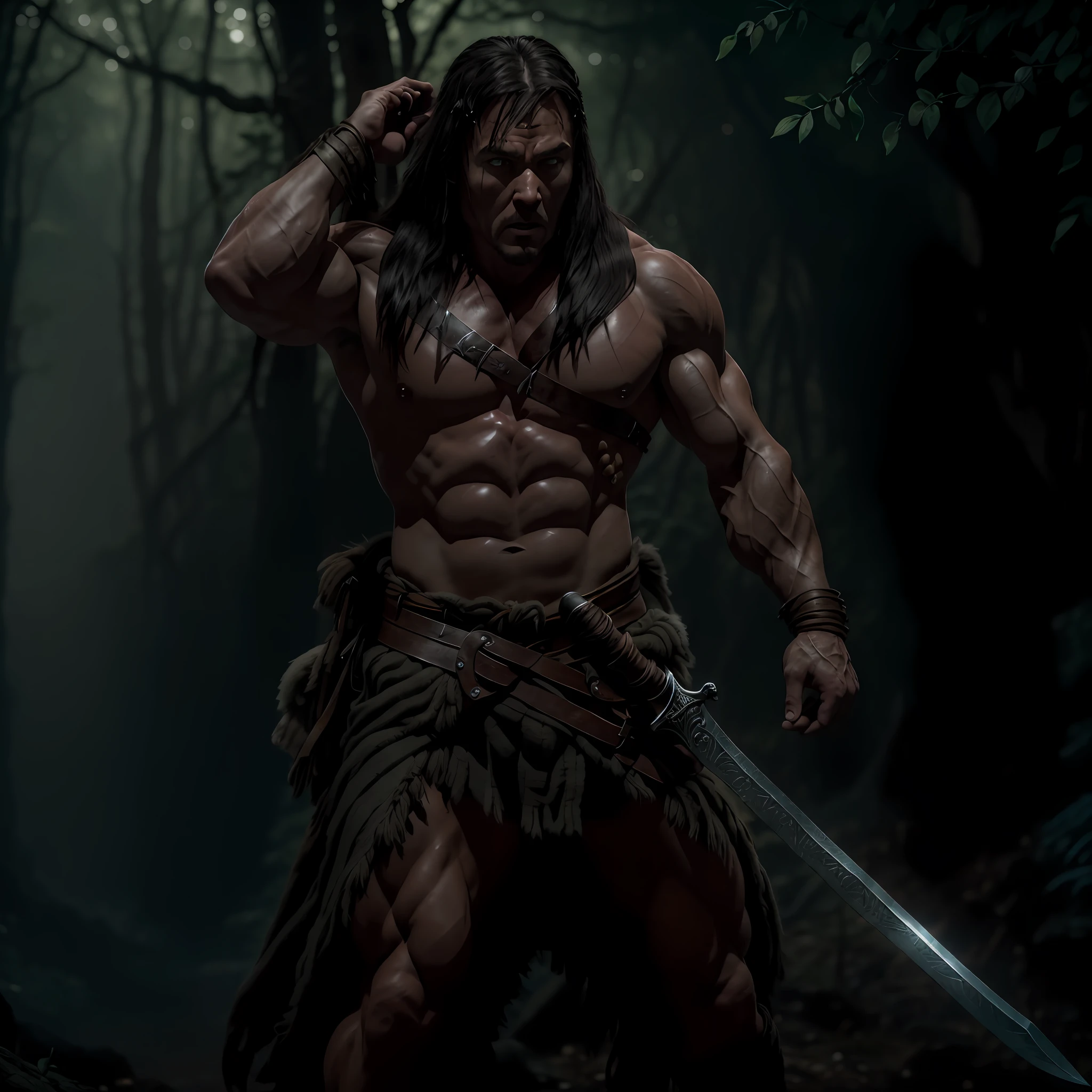 A man with a sword in the woods - SeaArt AI