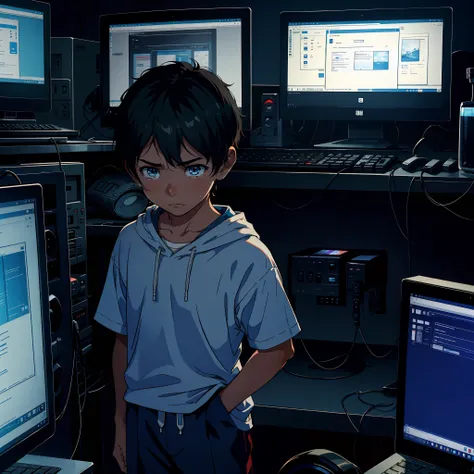 A nerdy boy is programming in front of a computer in a room full of gadgets, designed by Makoto ...