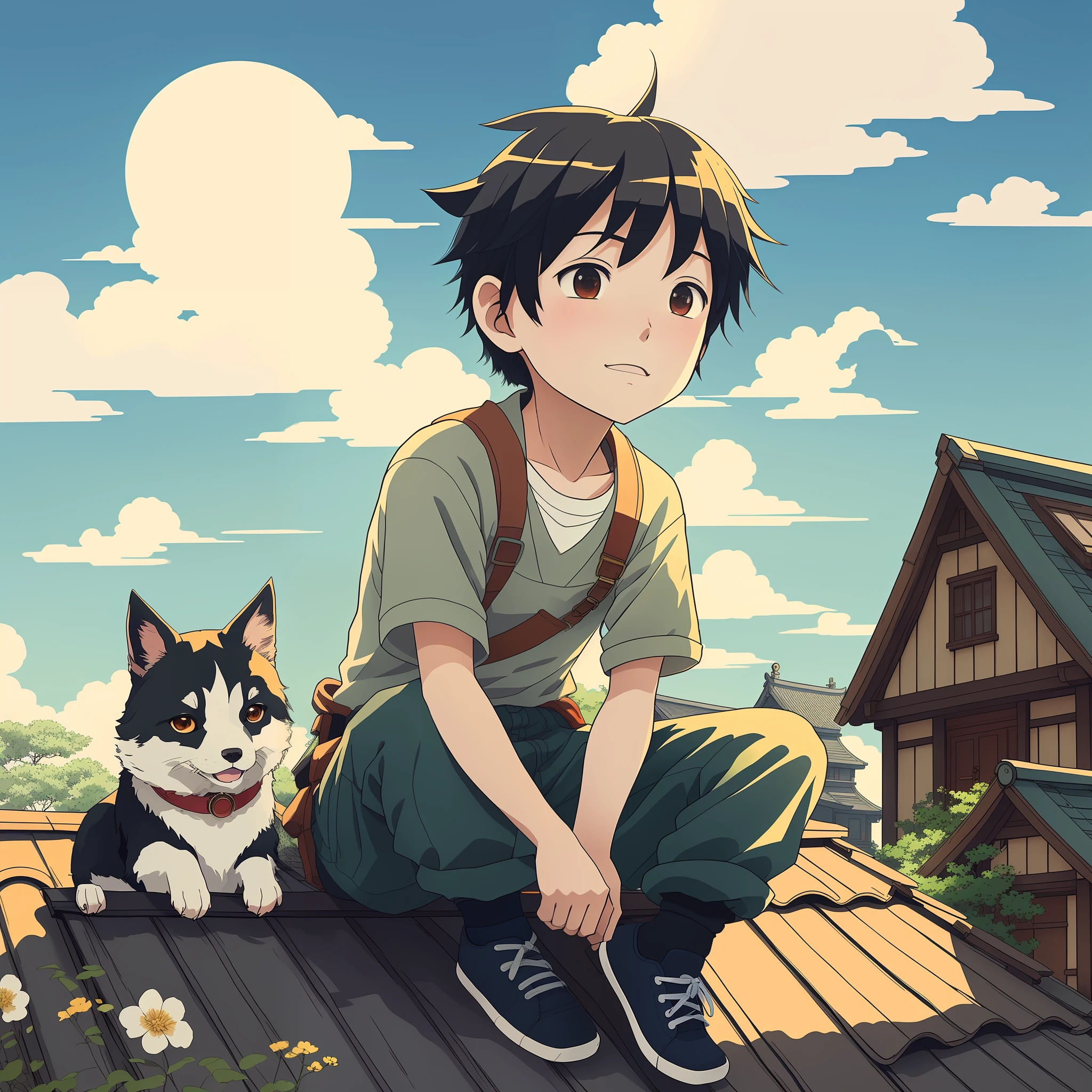 Anime boy sitting on roof with dog next to him - SeaArt AI