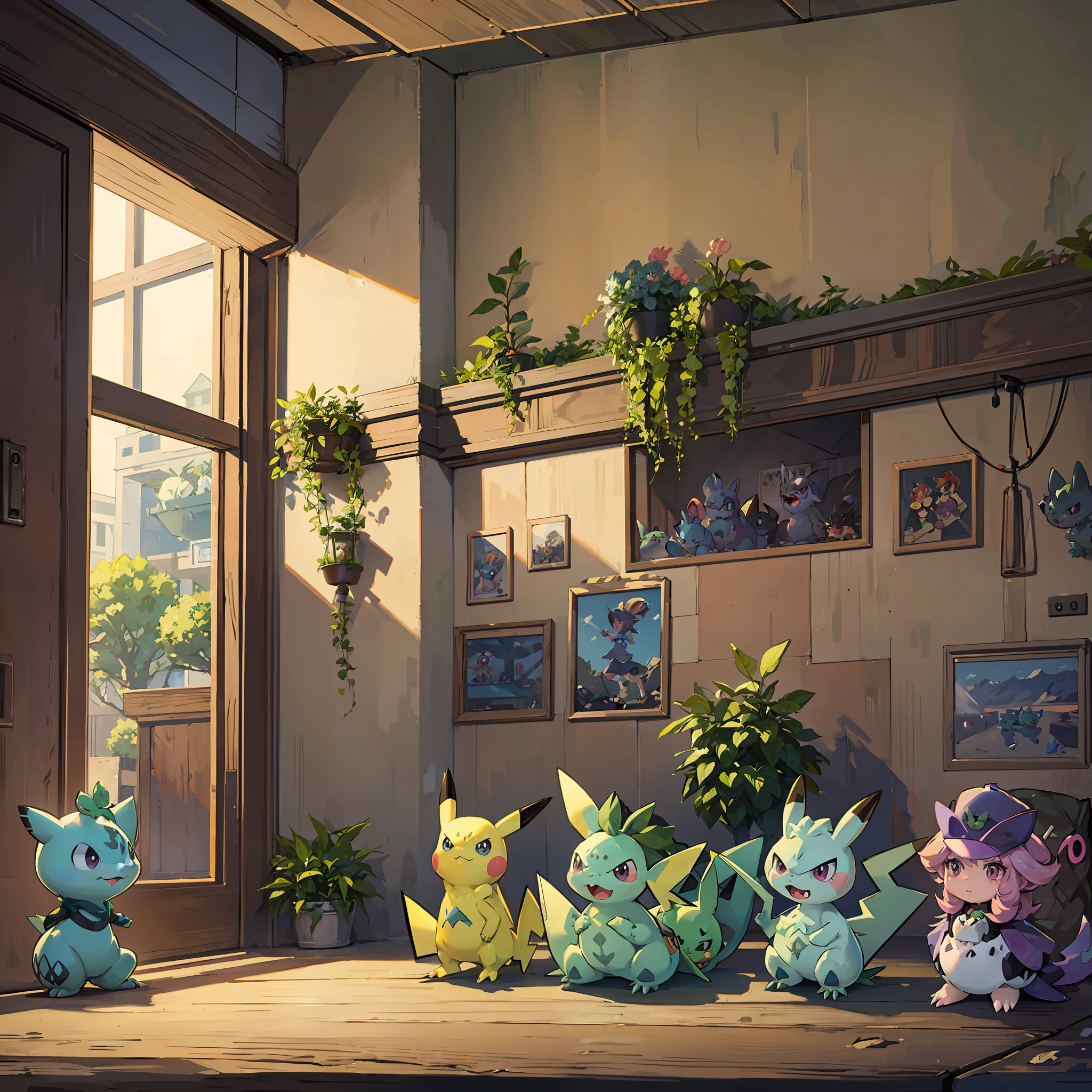 Pokemon go pikachu and other pokemon characters are sitting on a table ...