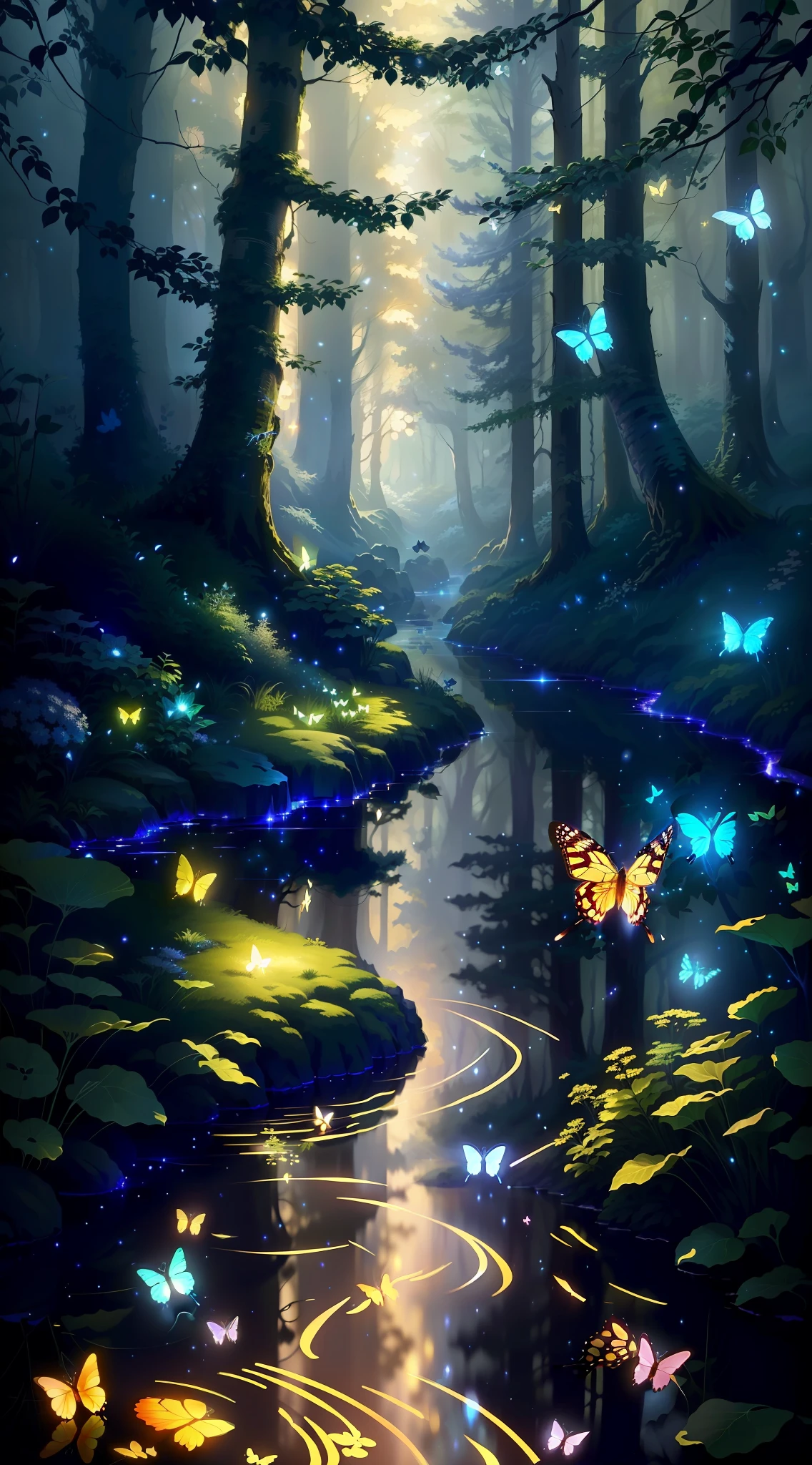 Magical butterflies dance around glowing forest streams, night ...
