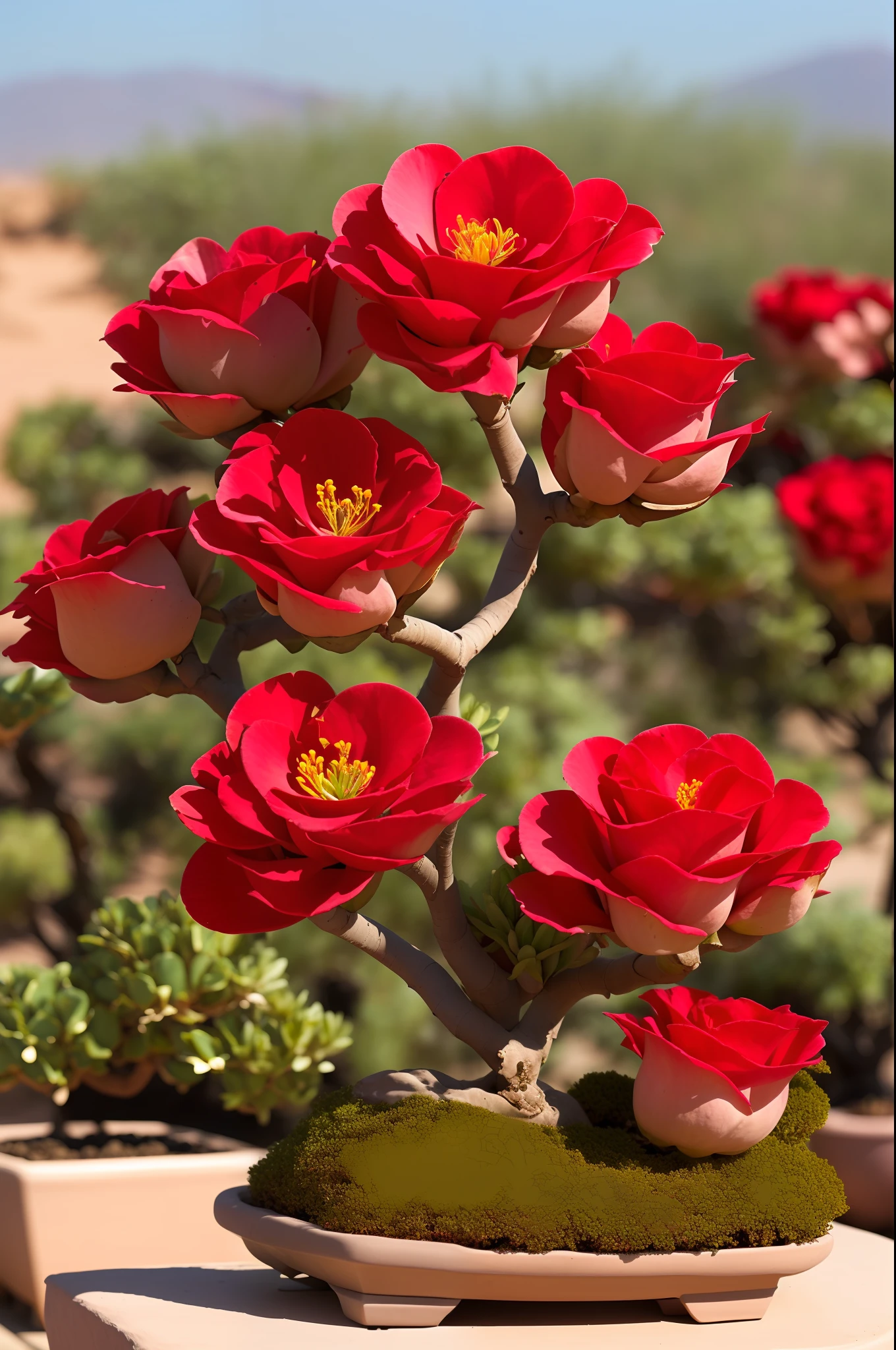 There is a small bonsai tree with red flowers in a pot - SeaArt AI