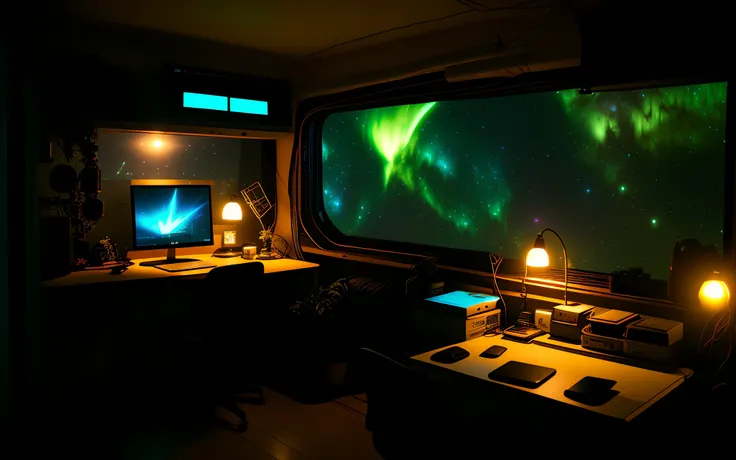 Cozy space theme hackercore bedroom photo, low light, after work - SeaArt AI