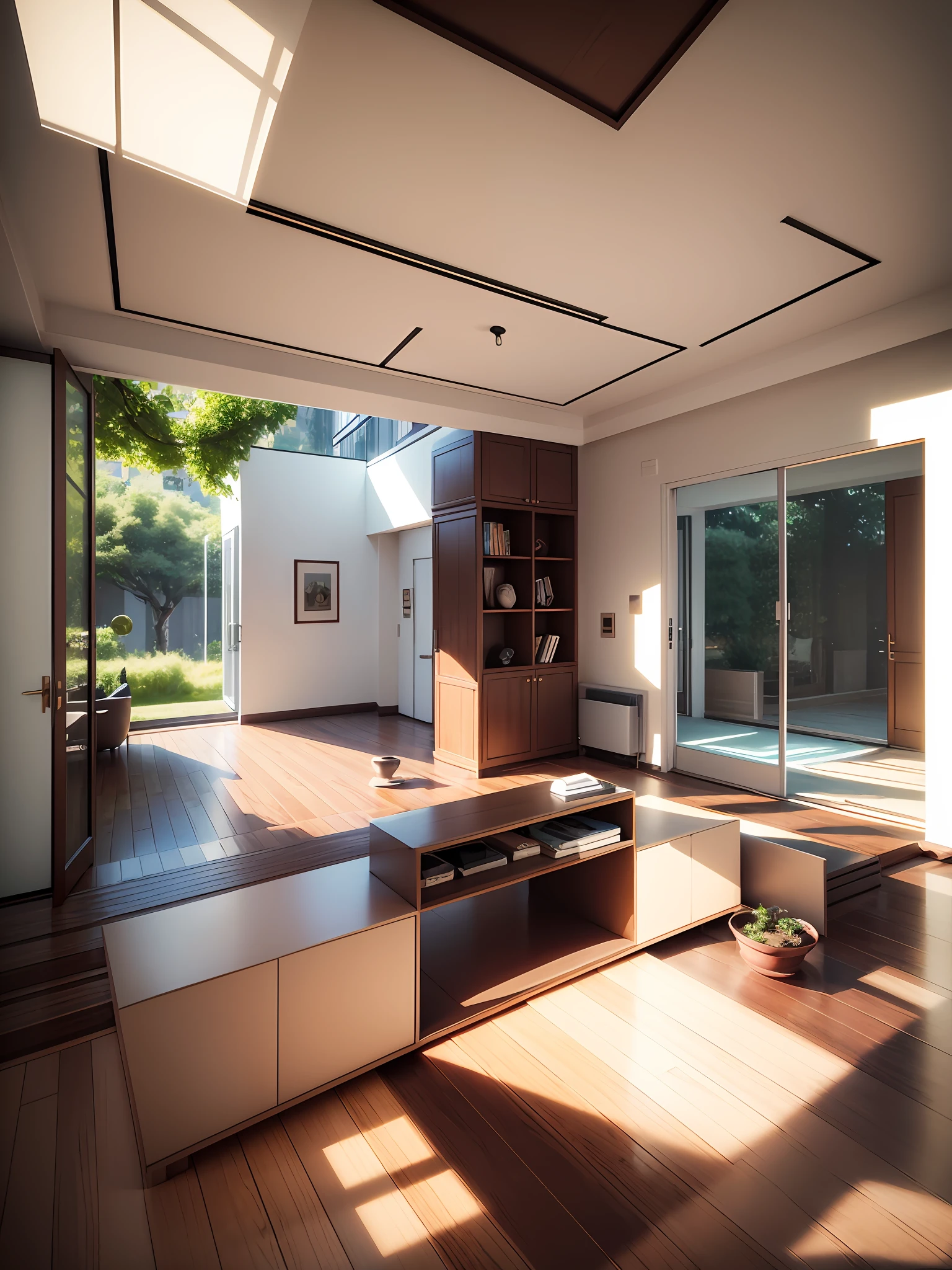 A view of a living room with a large window and a wooden floor - SeaArt AI