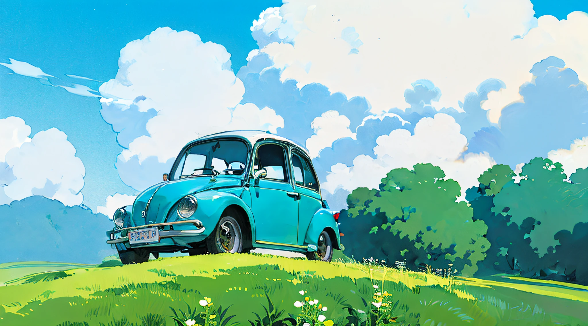 Cartoon car on a hill with trees and flowers in the background - SeaArt AI