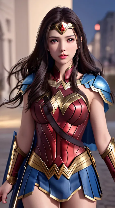 wonder woman, red and blue armor, photography, soft lighting, soft ...