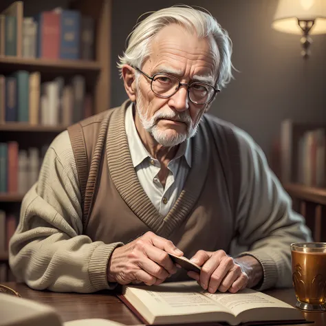 an old man reading an old book, looking forward, twilight light, warm ...