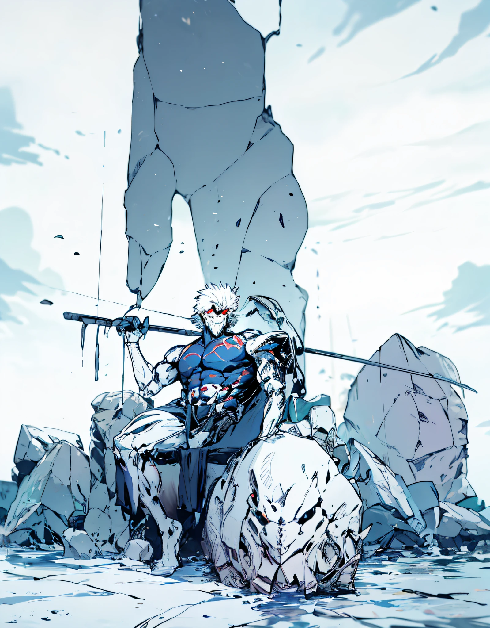 A close up of a person sitting on a rock with a sword - SeaArt AI