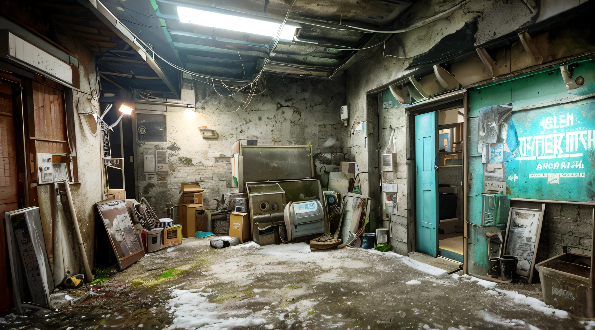 There is a room with a lot of junk and a door - SeaArt AI