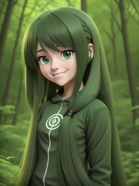 Young girl, a cartoon character in dark green clothes, ((wistful smile ...