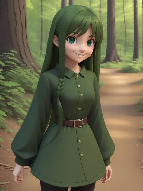 Young girl, a cartoon character in dark green clothes, ((expression ...