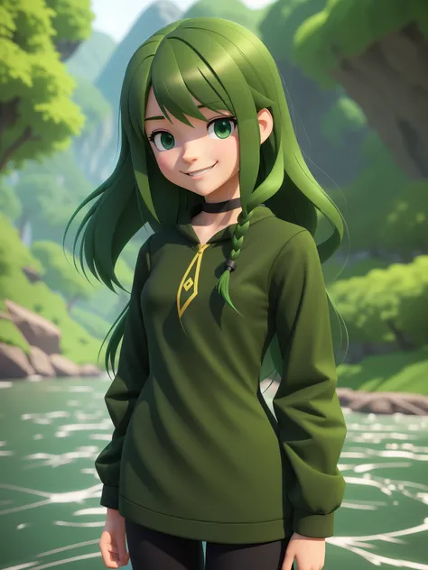Young girl, a cartoon character in dark green clothes, ((wistful smile ...