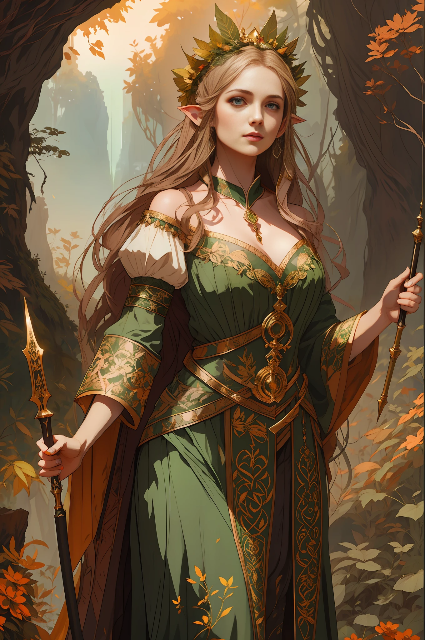 elf woman, green clothes, full body standing on a forest, very lit forest background with many ...