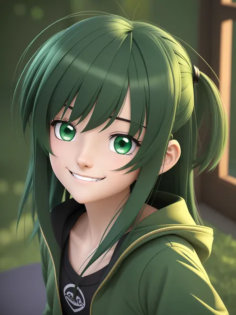 Young girl, a cartoon character in dark green clothes, ((wistful smile ...