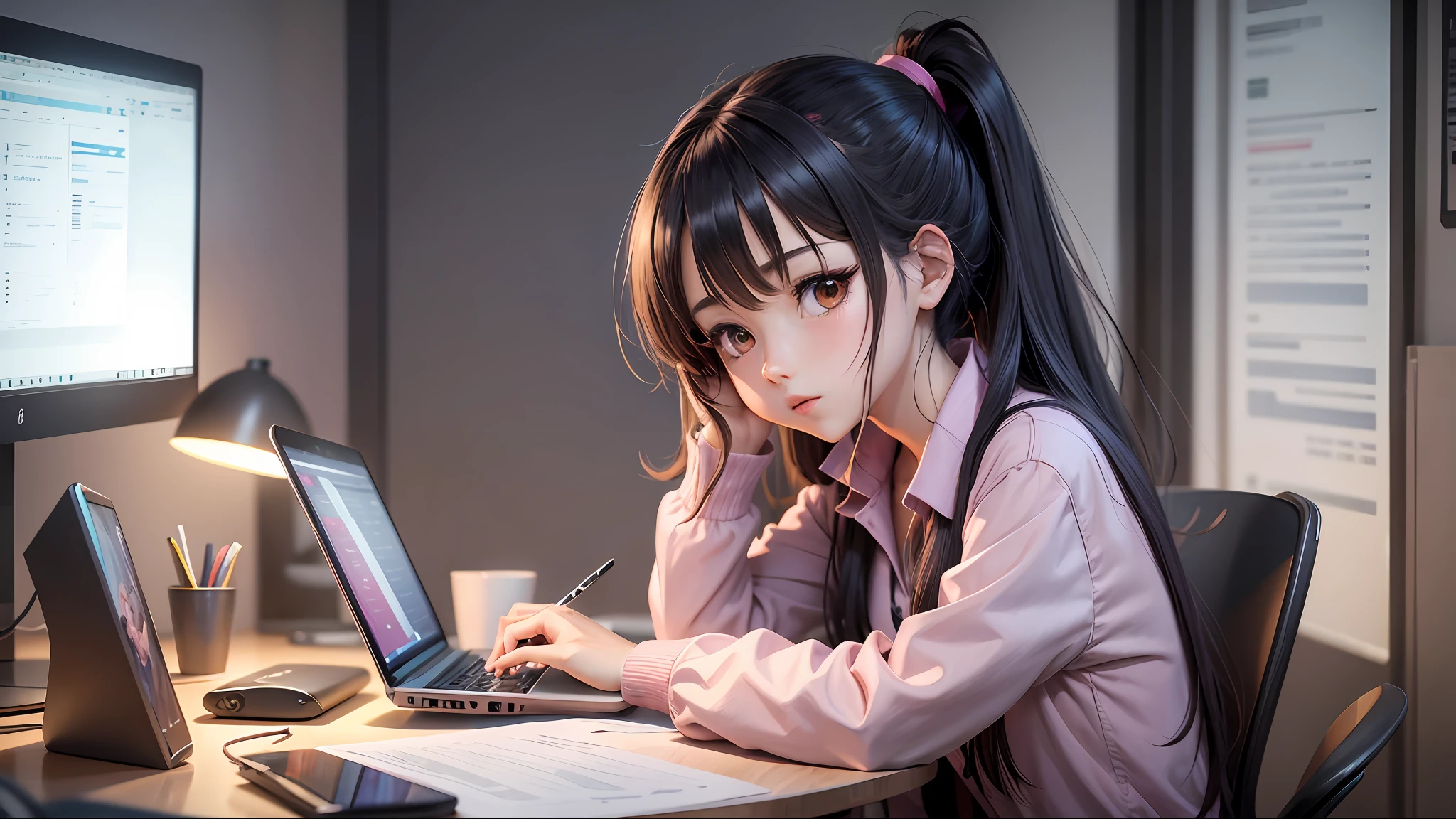 Anime girl sitting at a desk with a laptop and a computer - SeaArt AI