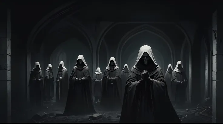 a group of black hooded cultists, dark scene, dark mood, horror ...