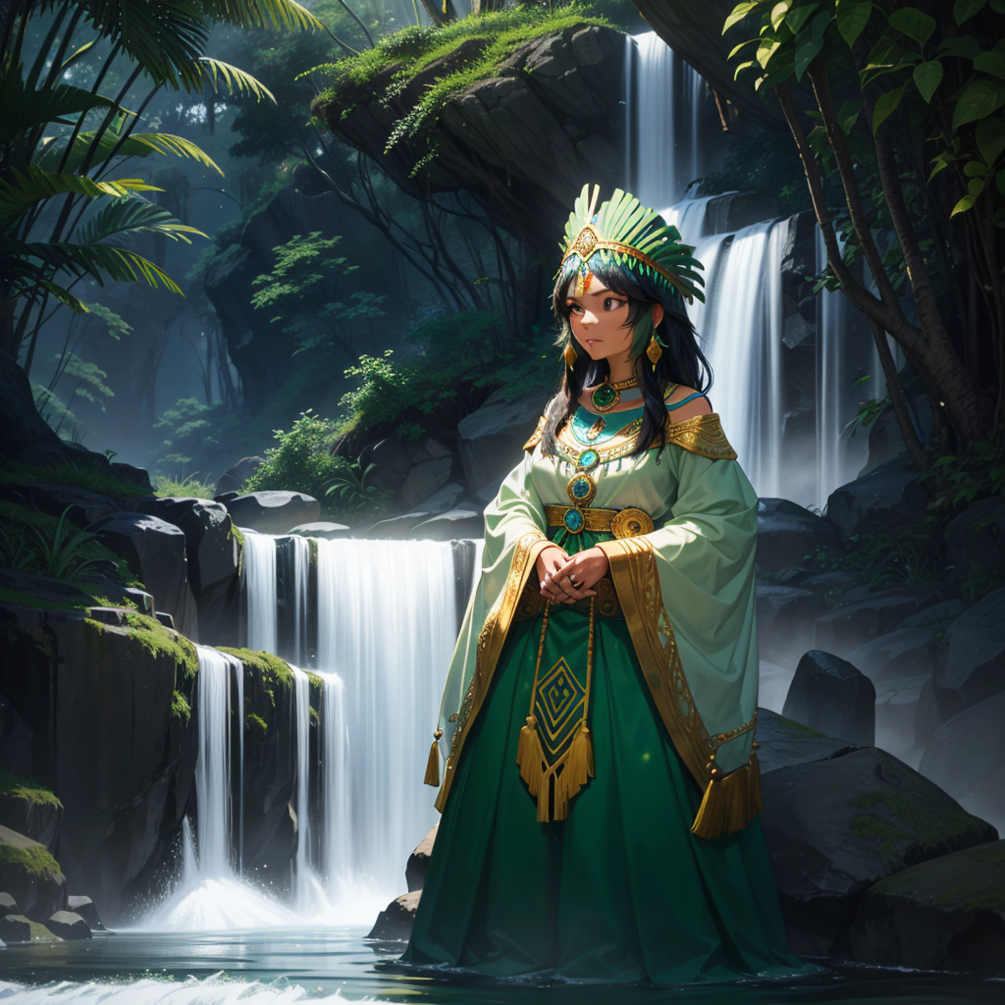 an indigenous Brazilian woman, from her hands fall water like a ...