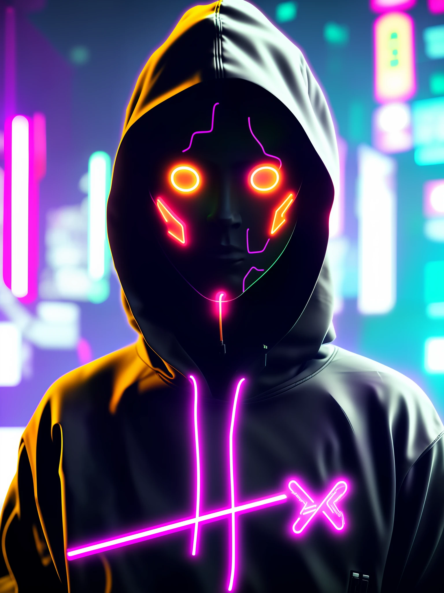 neon glowing neon mask with neon arrows and neon eyes, bright cyberpunk ...