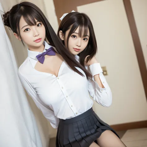 arafed Asian woman in a pleated short skirt and bow tie, half squat on a train, intense ...