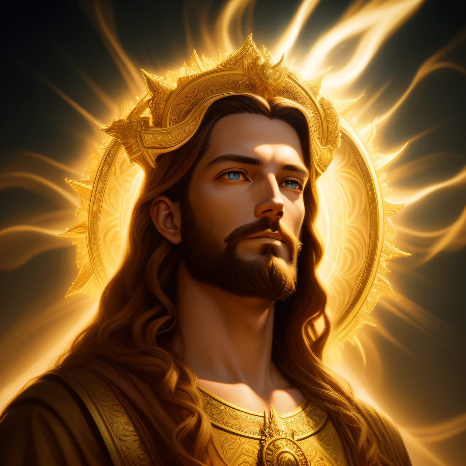 highly detailed portrait of a jesus christ sun god halo of light, gold ...