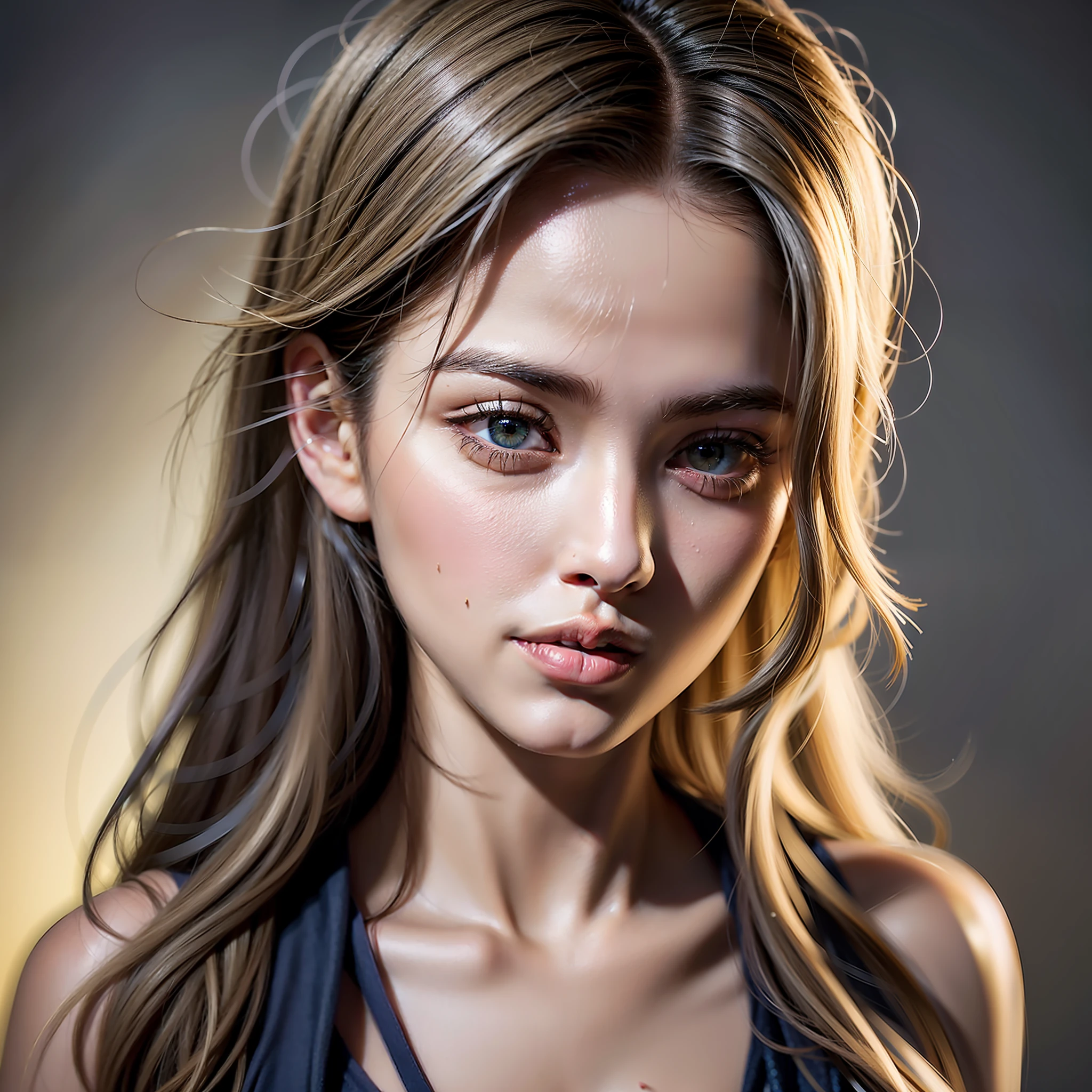 A Close Up Of A Woman With Long Hair And A Blue Top Seaart Ai