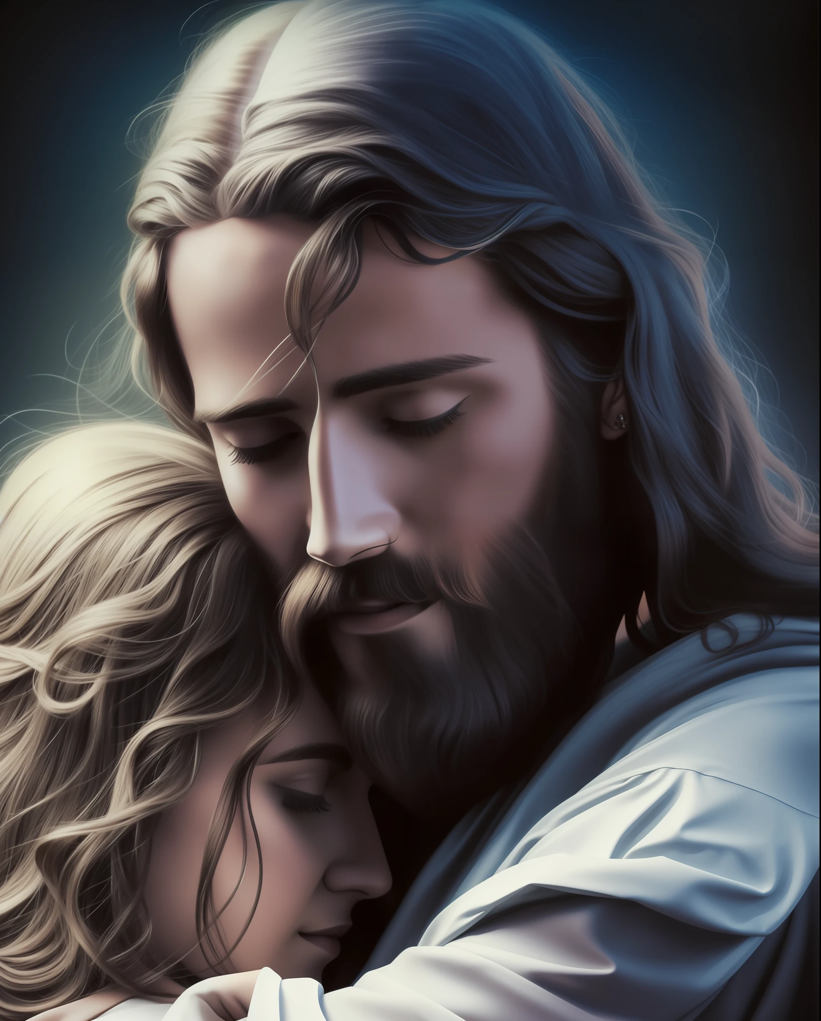 Jesús y una niña abrazados el uno al otro. - SeaArt AI