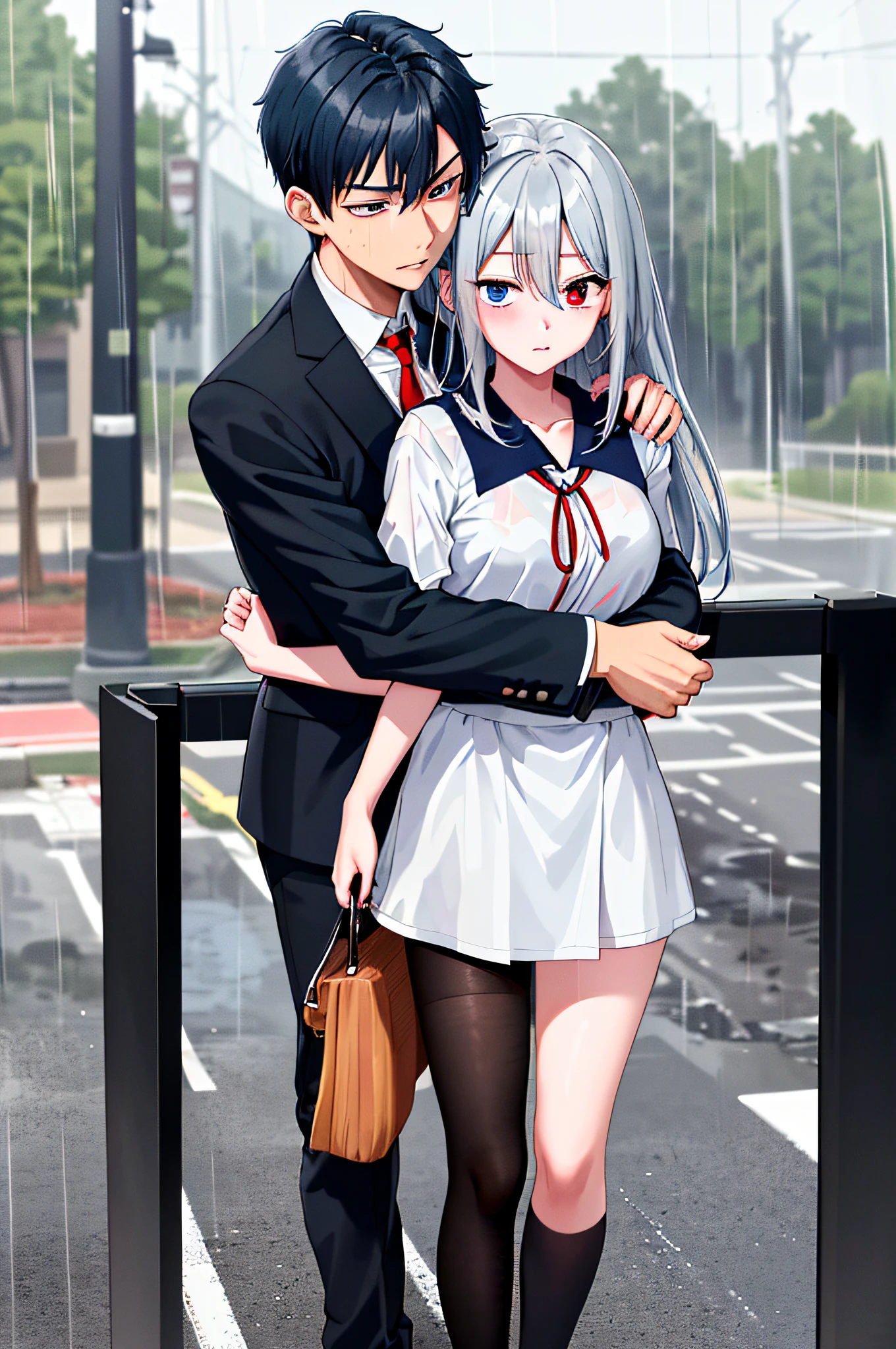 (masterpiece), (best quality), highres, ((((1girl she has gray hair with blue eyes and 1boy he ...
