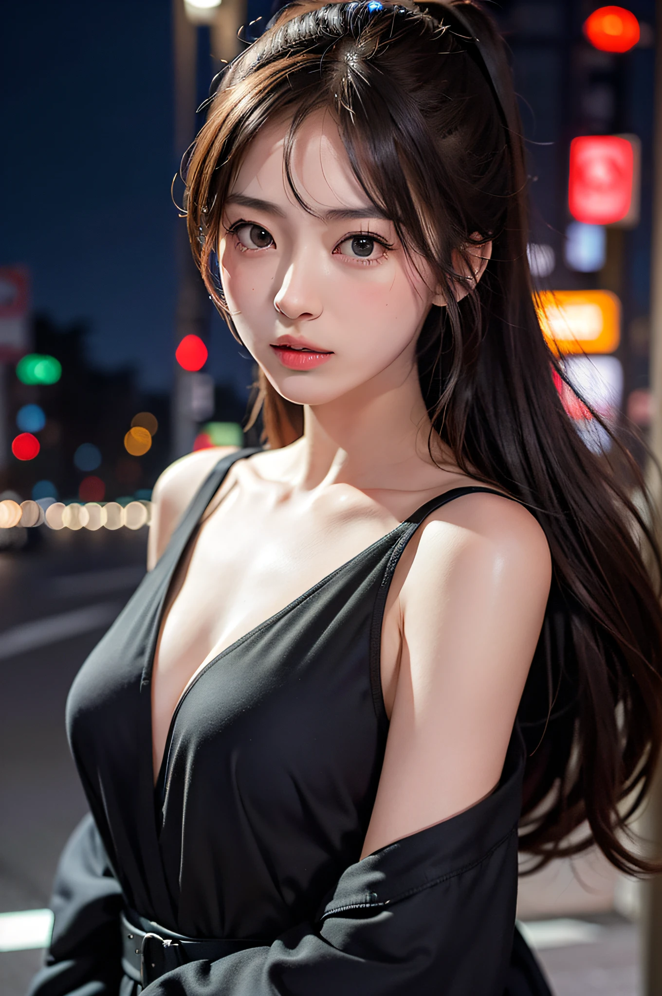 1girl, Tokyo street,night, cityscape,city lights, upper body,close-up, 8k, RAW photo, best ...