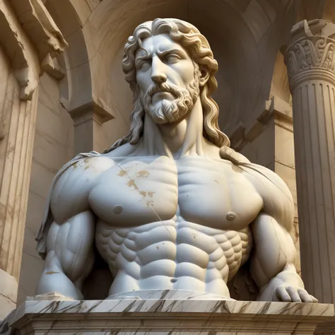 A hyper-realistic statue of man like Zeus, goddess, perfect angle ...