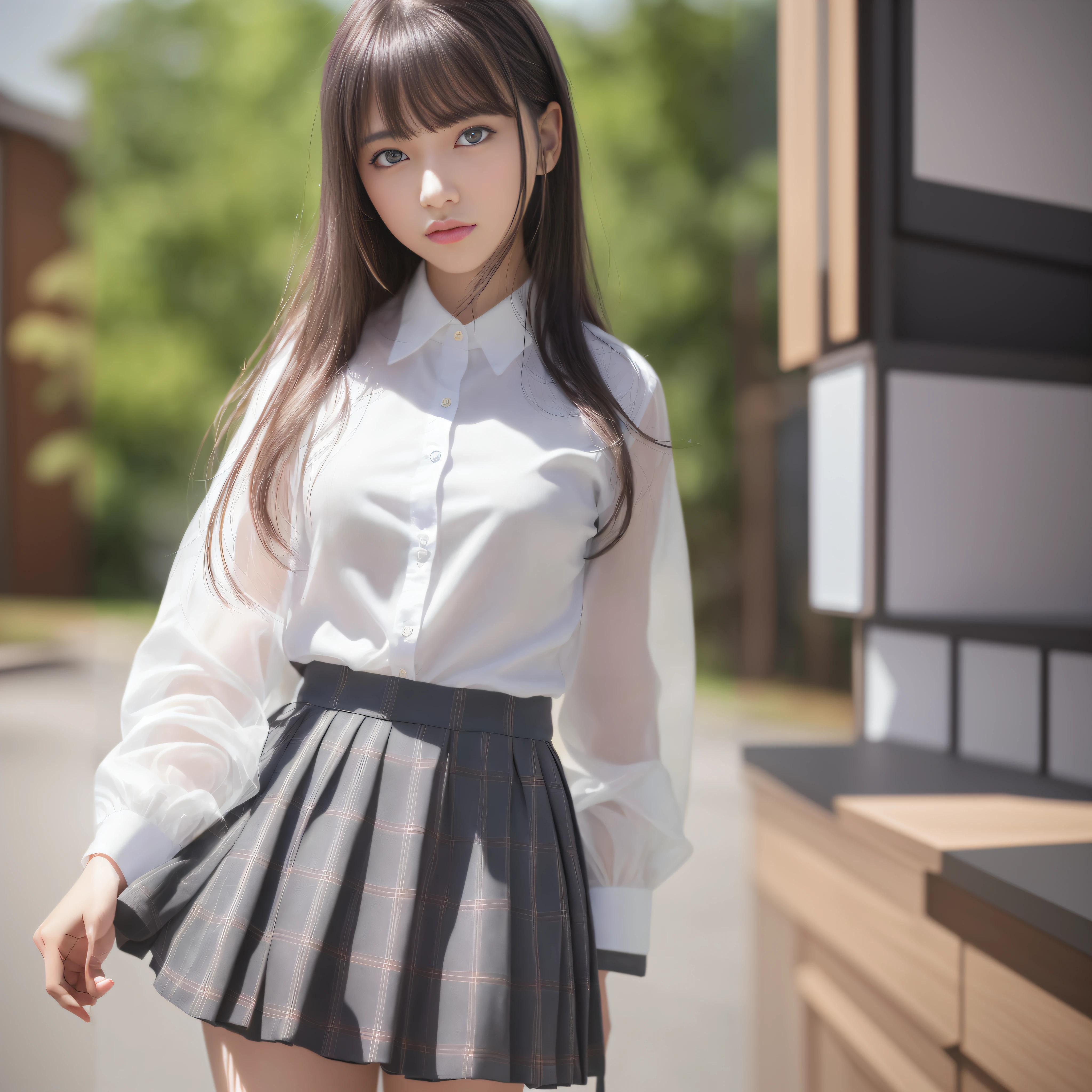arafed asian woman in a skirt and shirt posing for a picture, wearing japanese school uniform ...