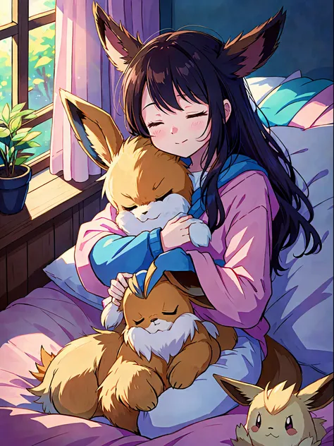 cute smol happy 1girl hugging her solo cute happy floofy (eevee)+ pokemon, warm lighting, loving ...