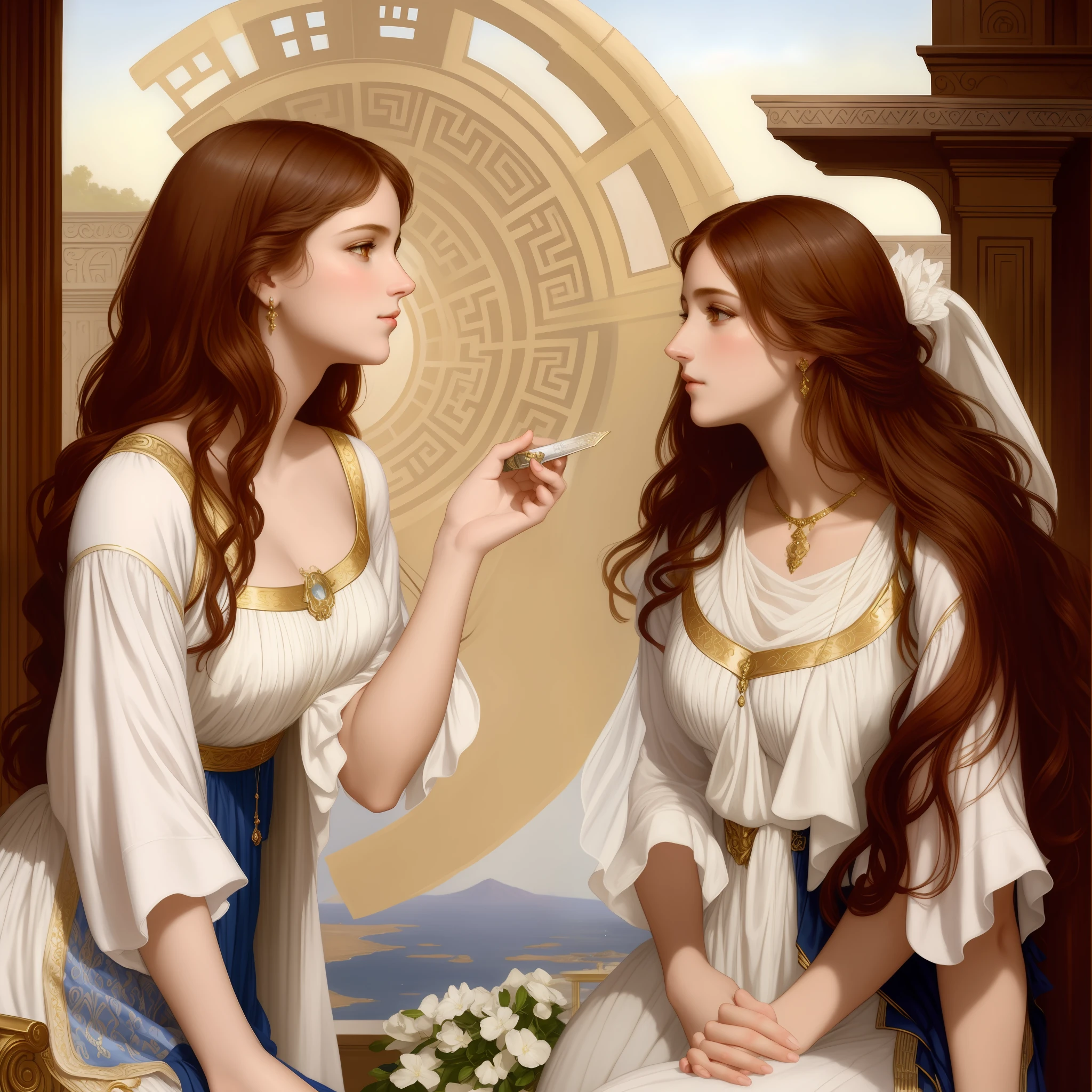 Painting of two women in white dresses smoking a cigarette - SeaArt AI
