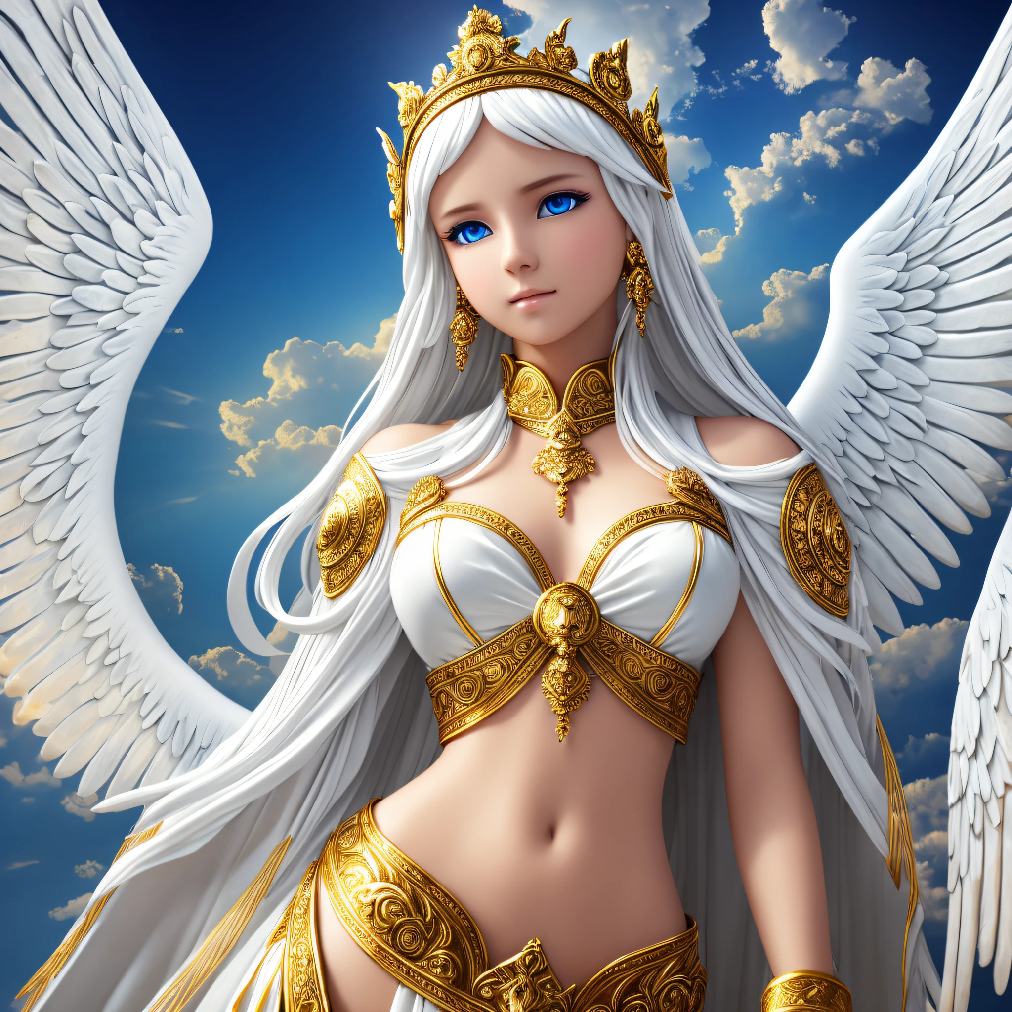 angelic goddess, white clothing with fluorescent blue and gold details, blue eyes, many details ...