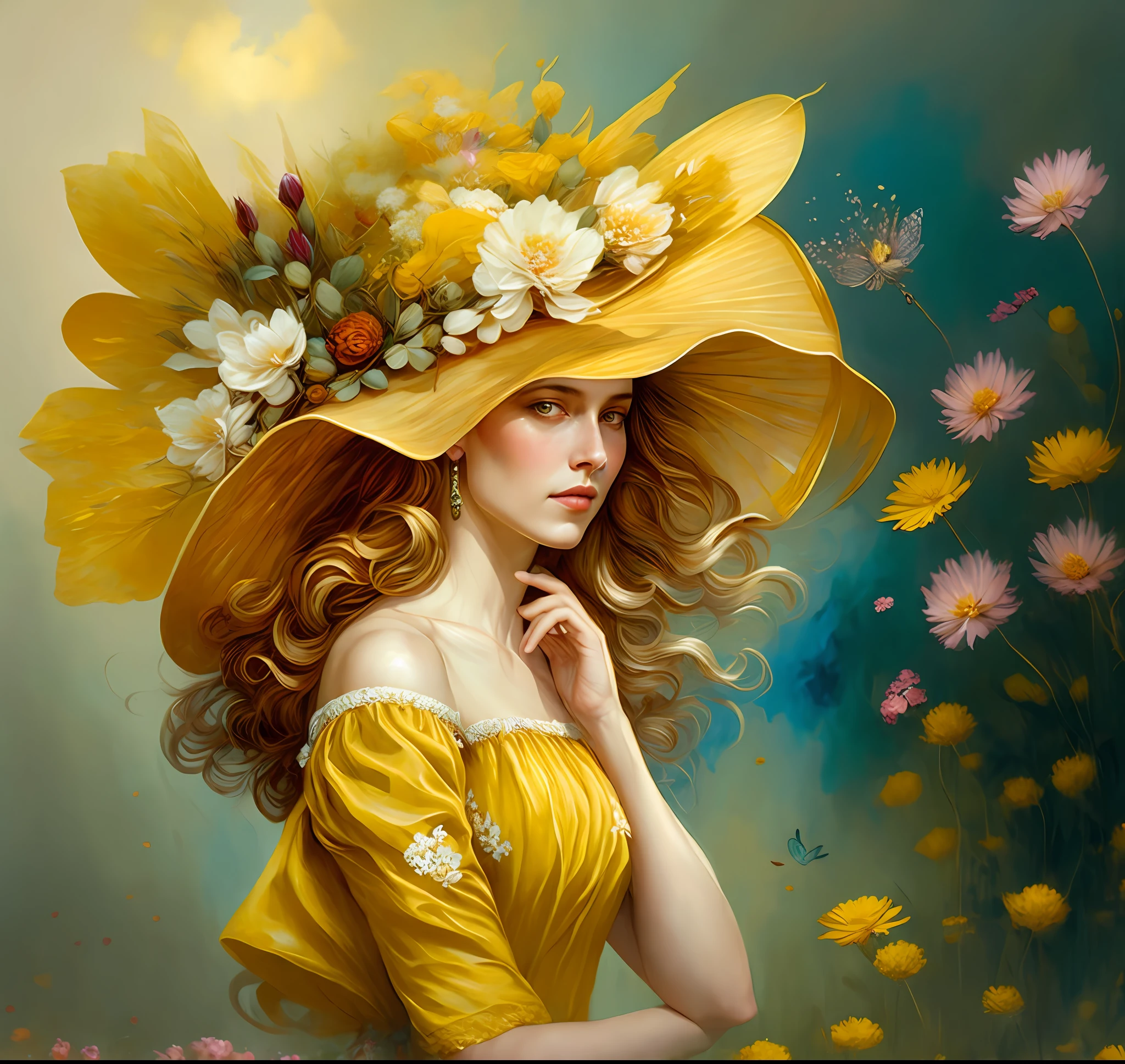painting of a woman in a yellow hat with flowers on her head, beautiful ...