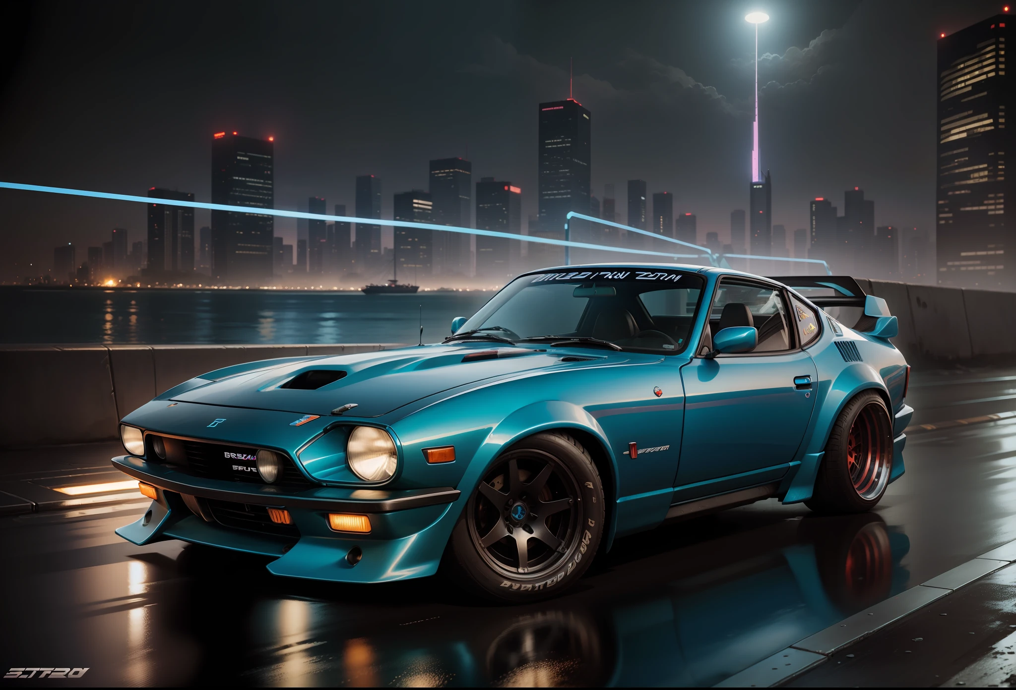 A blue car parked on a wet road in front of a city - SeaArt AI