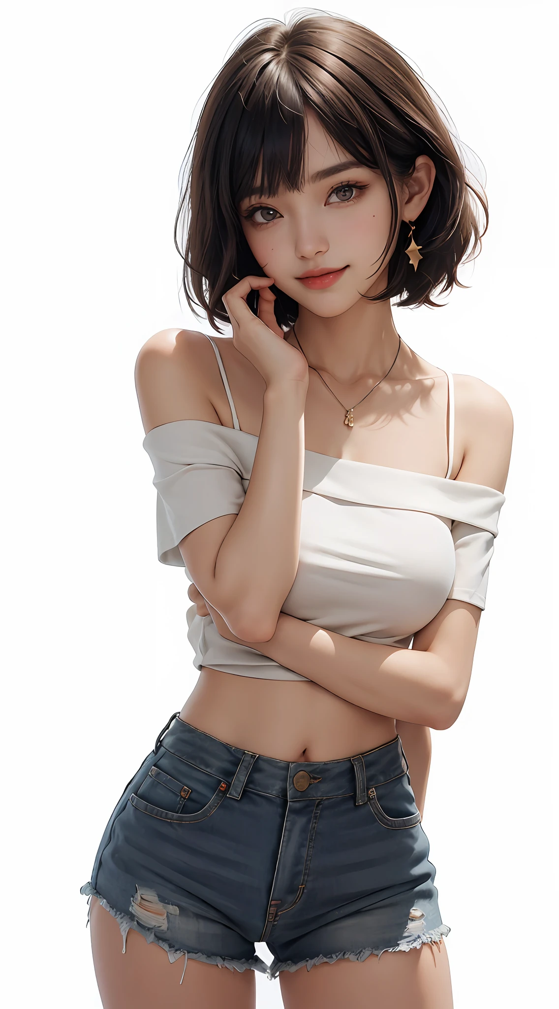 A close up of a woman in a white top and denim shorts - SeaArt AI