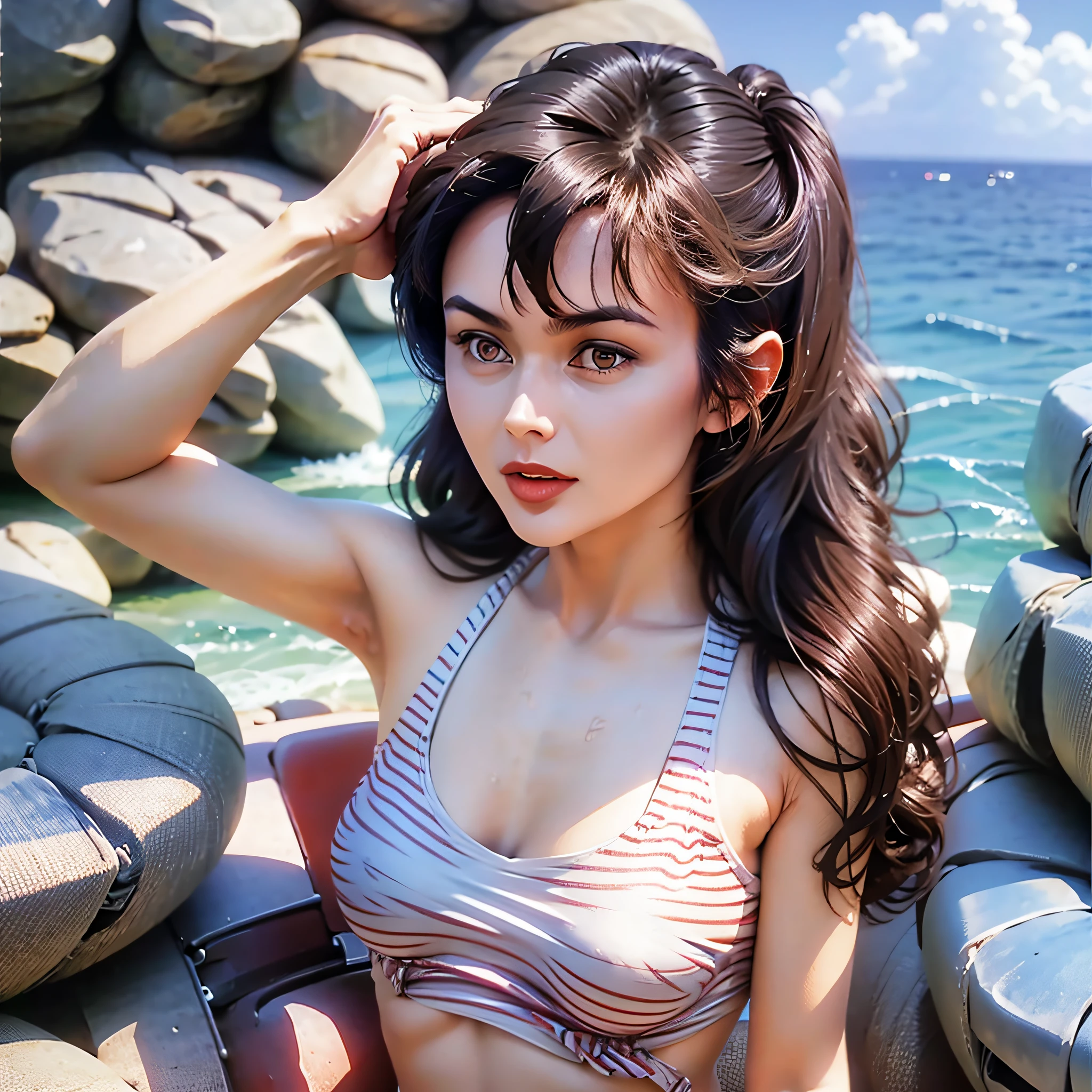 Girl, brunette hair, swimsuit, 3D, seaside --auto --s2 - SeaArt AI