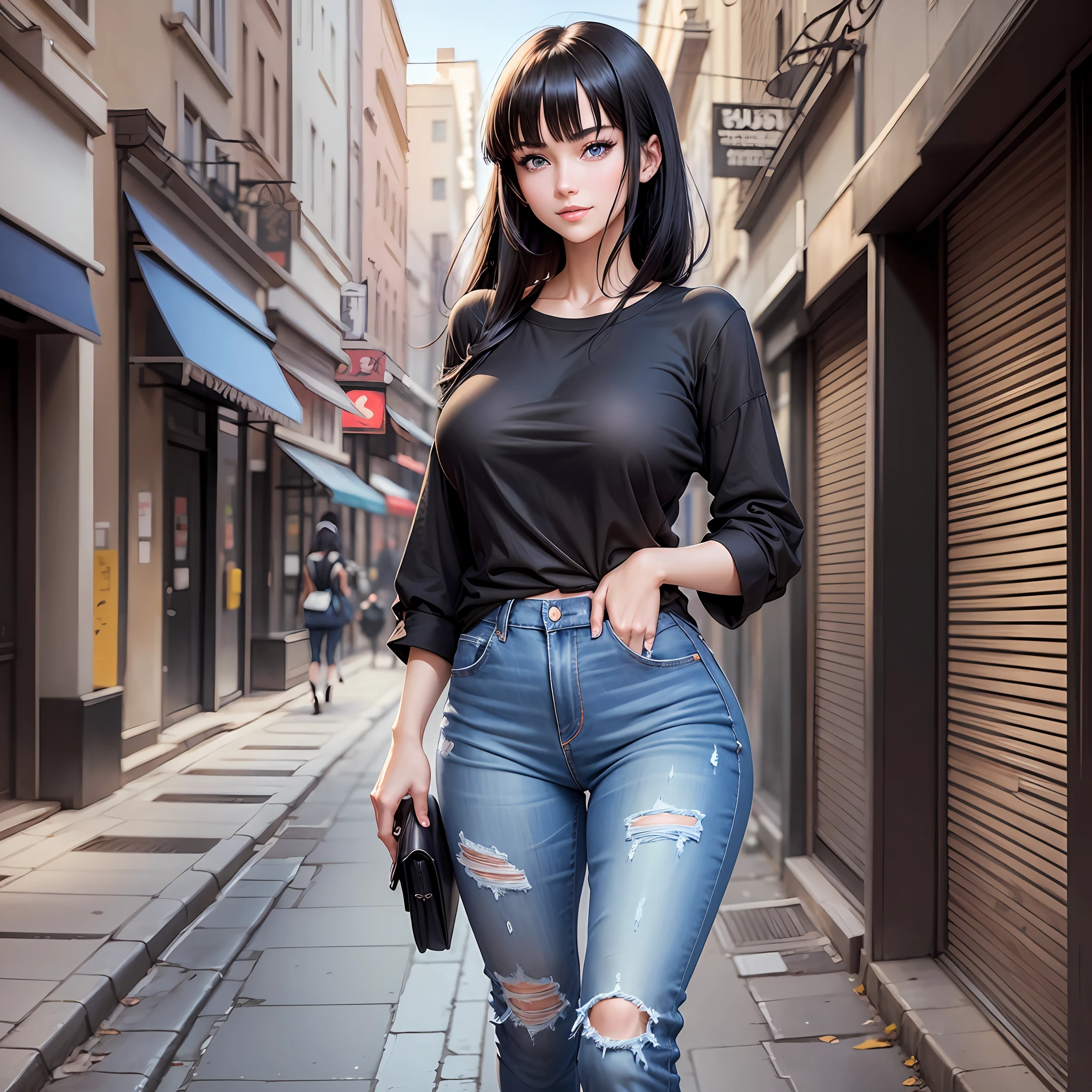 Araffe woman in black shirt and ripped jeans walking down a street - SeaArt AI