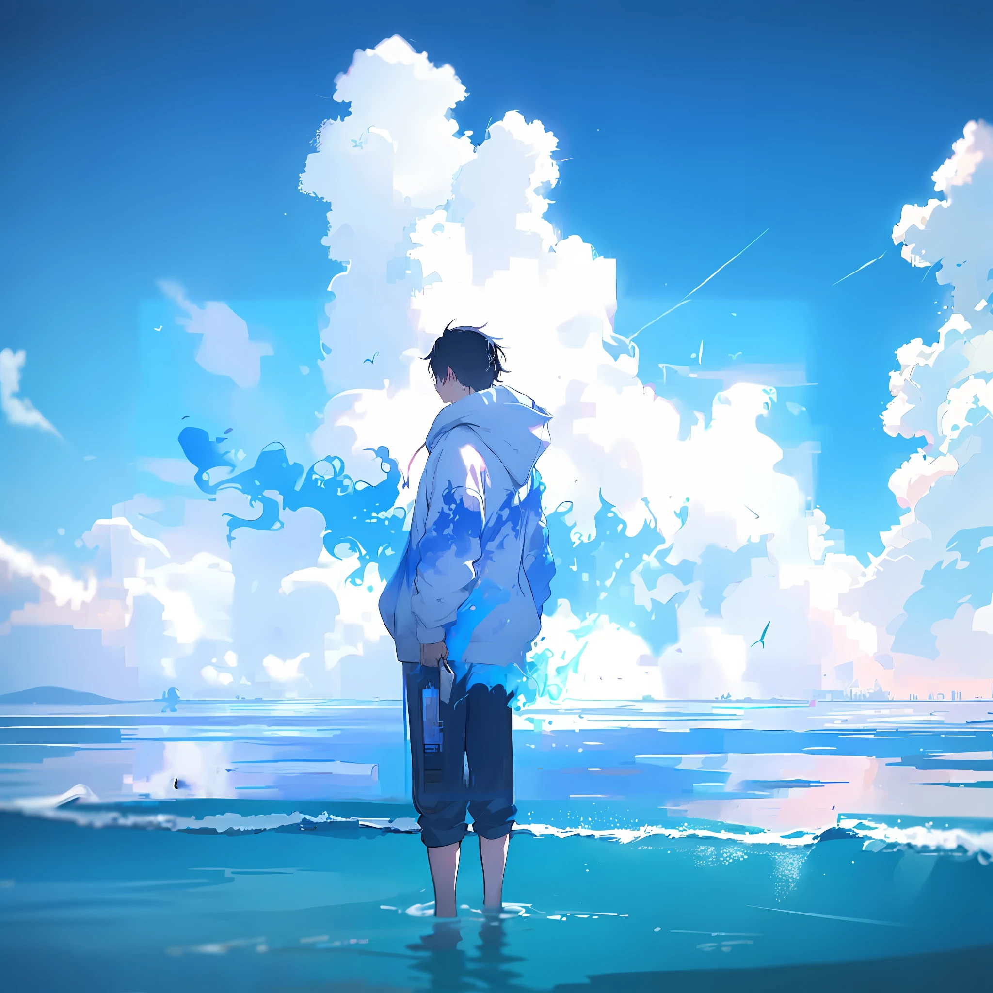 Anime boy standing in the water looking at the sky - SeaArt AI