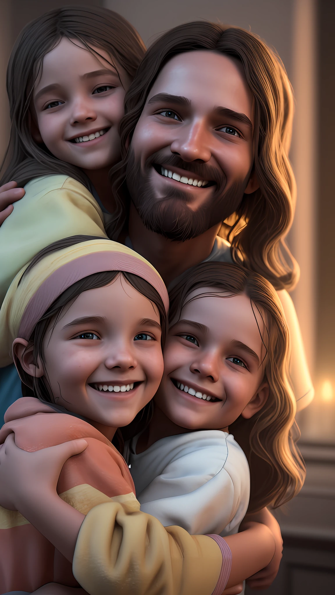 Jesús sonriendo y abrazando a los niños., 1:3 Fotografía, iluminación suave, detalles suaves ...