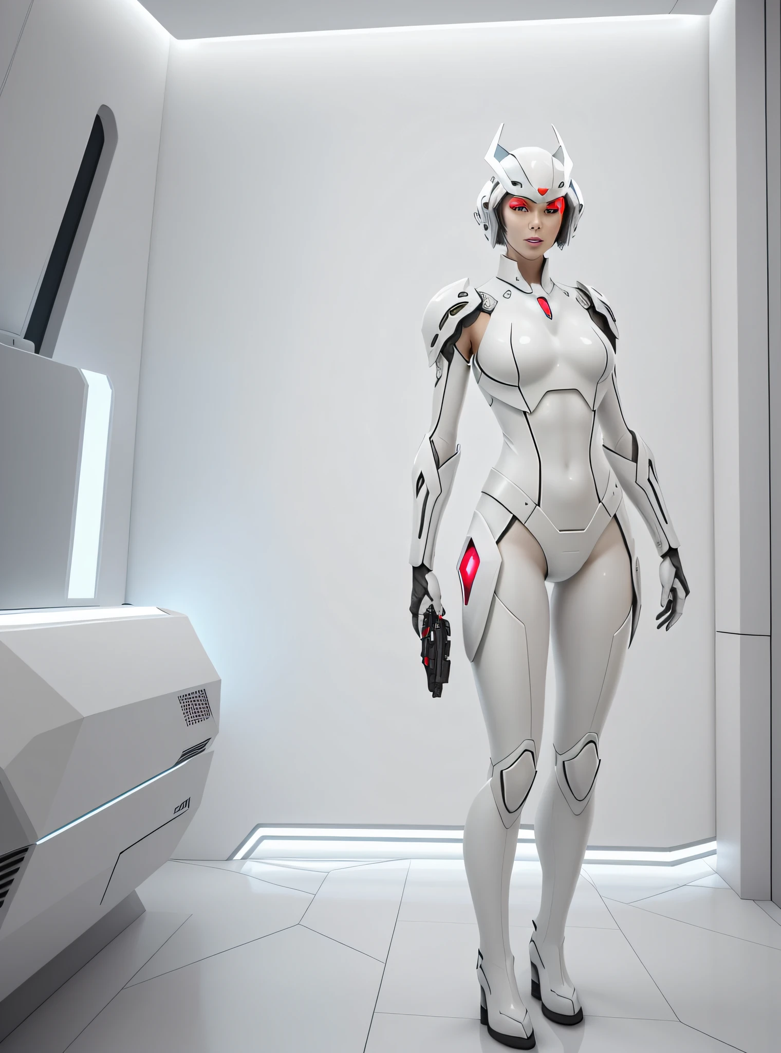 Arafed woman in a futuristic suit standing in a room - SeaArt AI