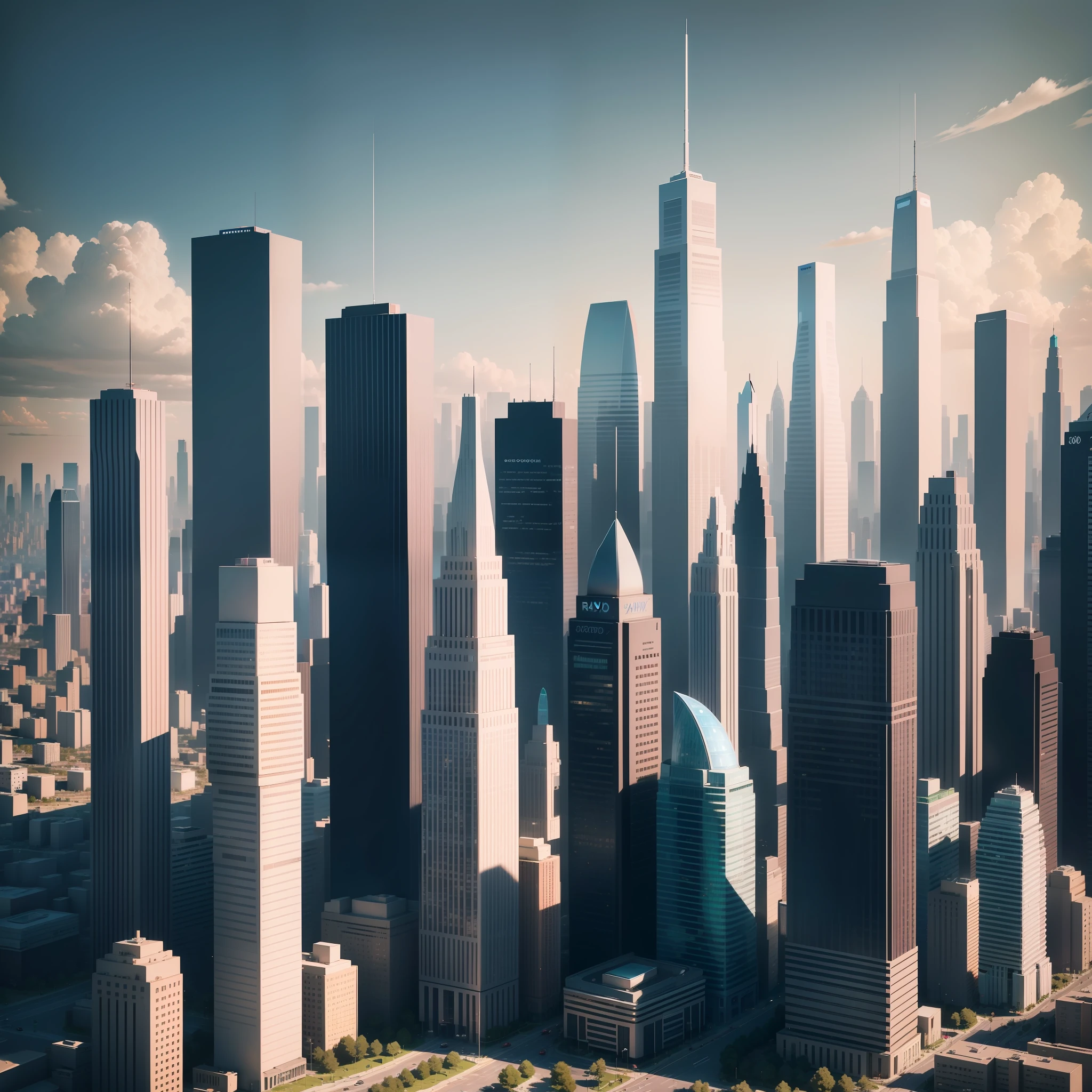 Arafed view of a city with skyscrapers and a blue sky - SeaArt AI