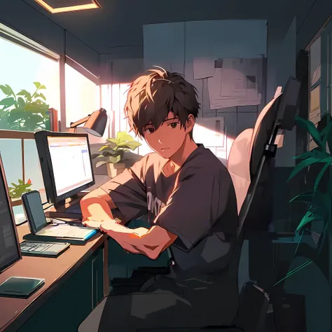 anime boy sitting at a desk with a laptop and a bird on the window sill ...
