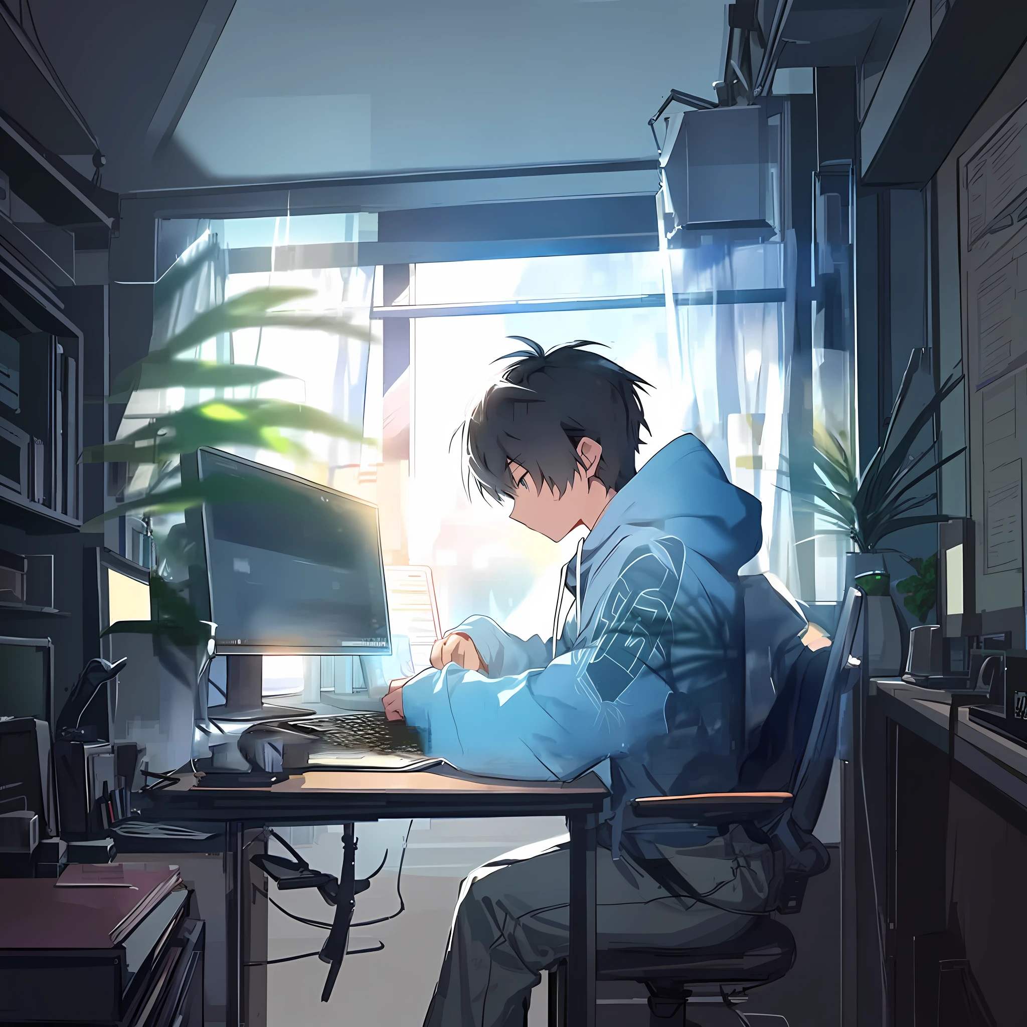 anime boy sitting at a desk wi - SeaArt AI