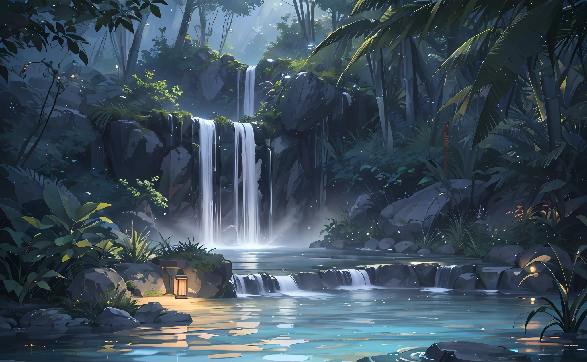 A painting of a waterfall in a tropical jungle with a lantern - SeaArt AI