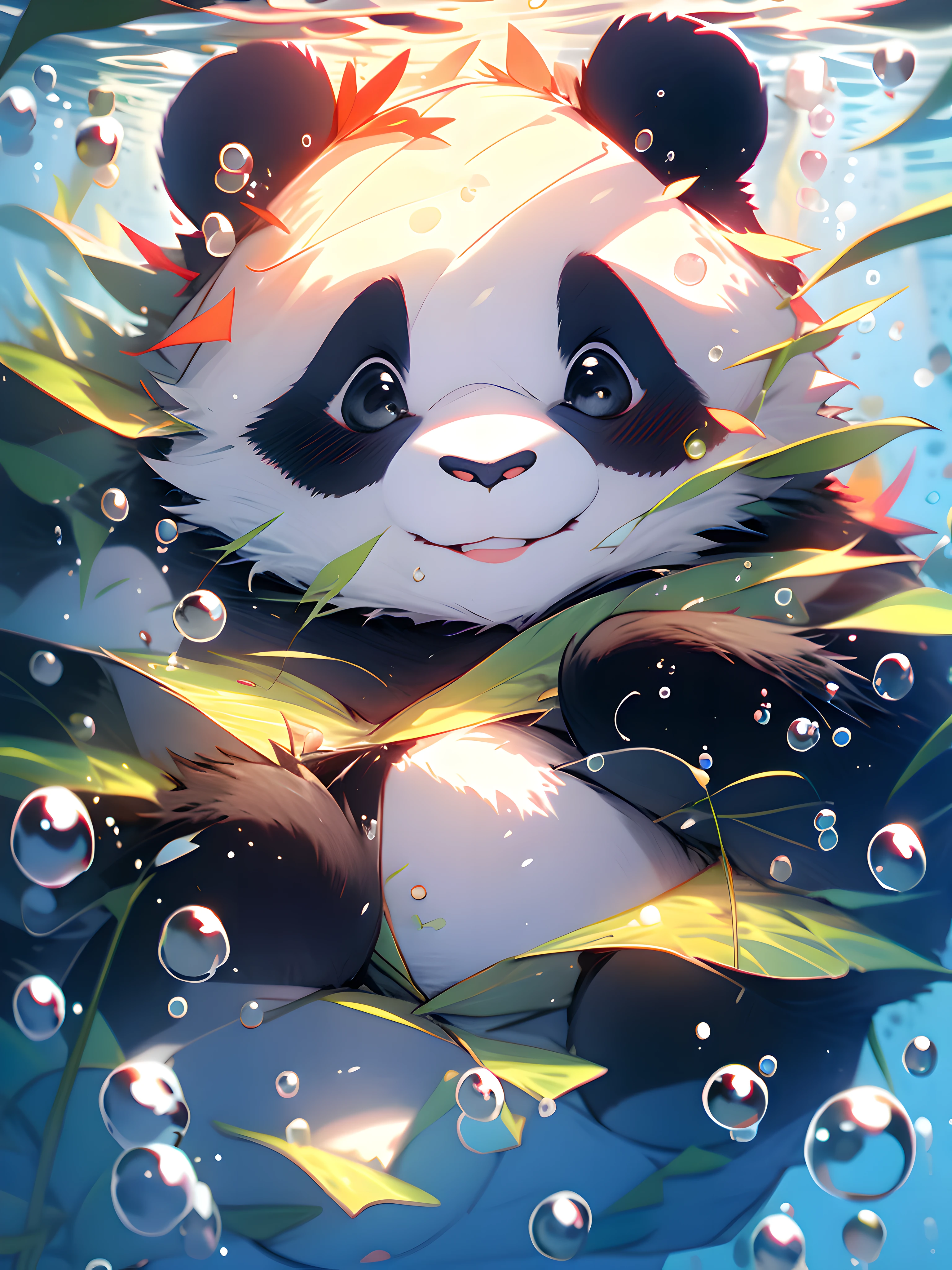 Panda bear floating in the water with bubbles and leaves - SeaArt AI