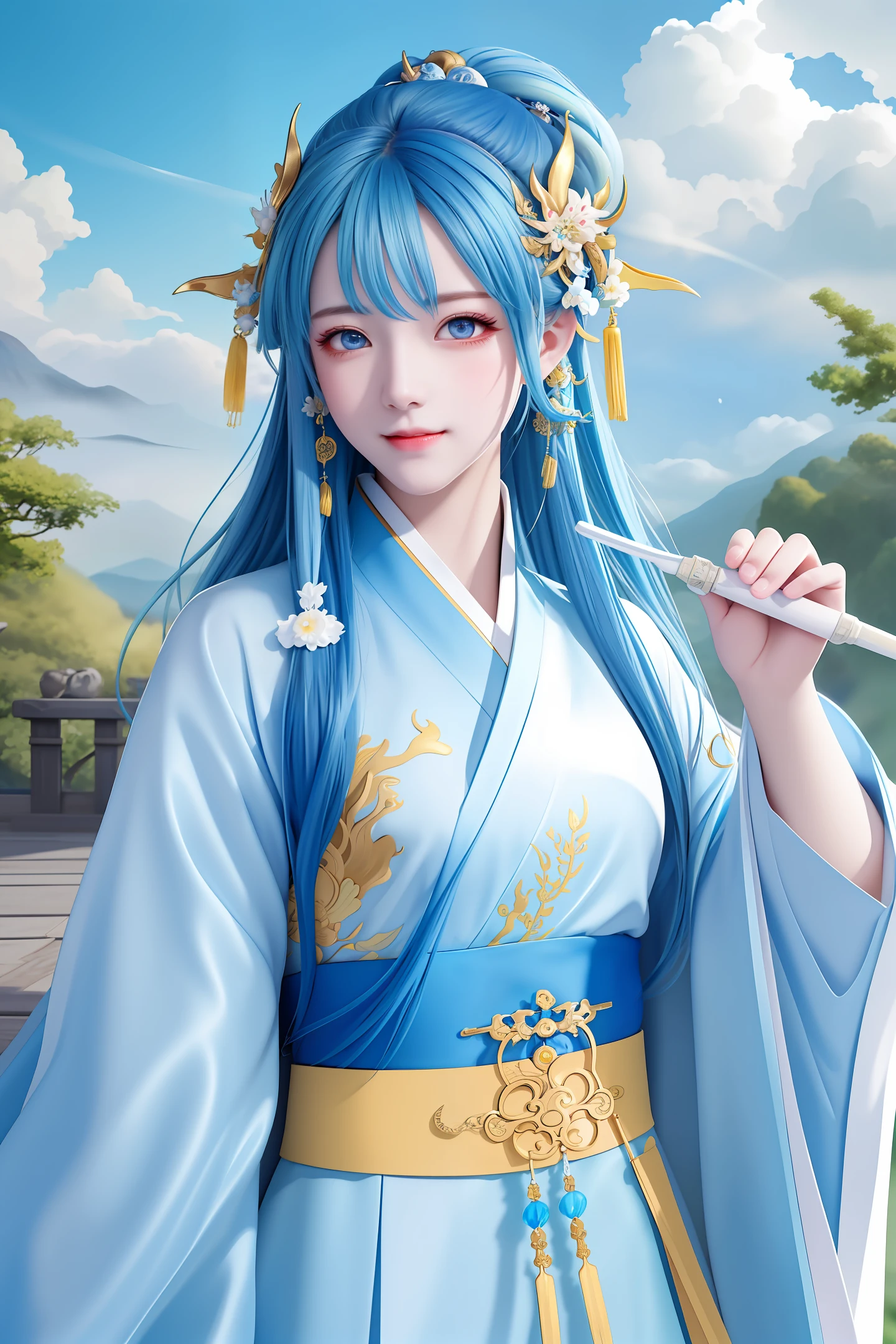 (Best Illustration) (Highest Quality) (Masterpiece) Blue Hair, Yellow ...