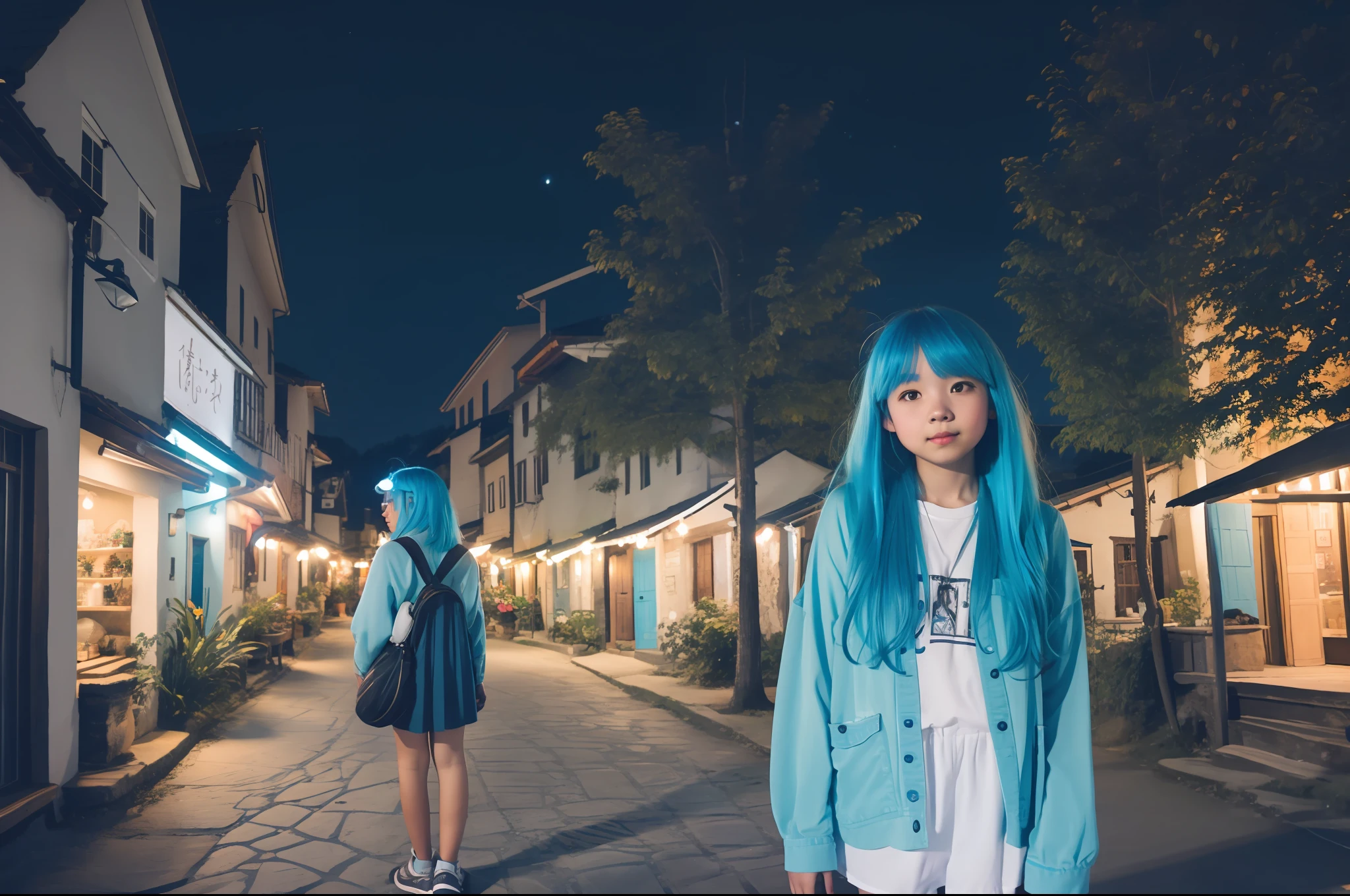 Arafed girl with blue hair standing in a street at night - SeaArt AI